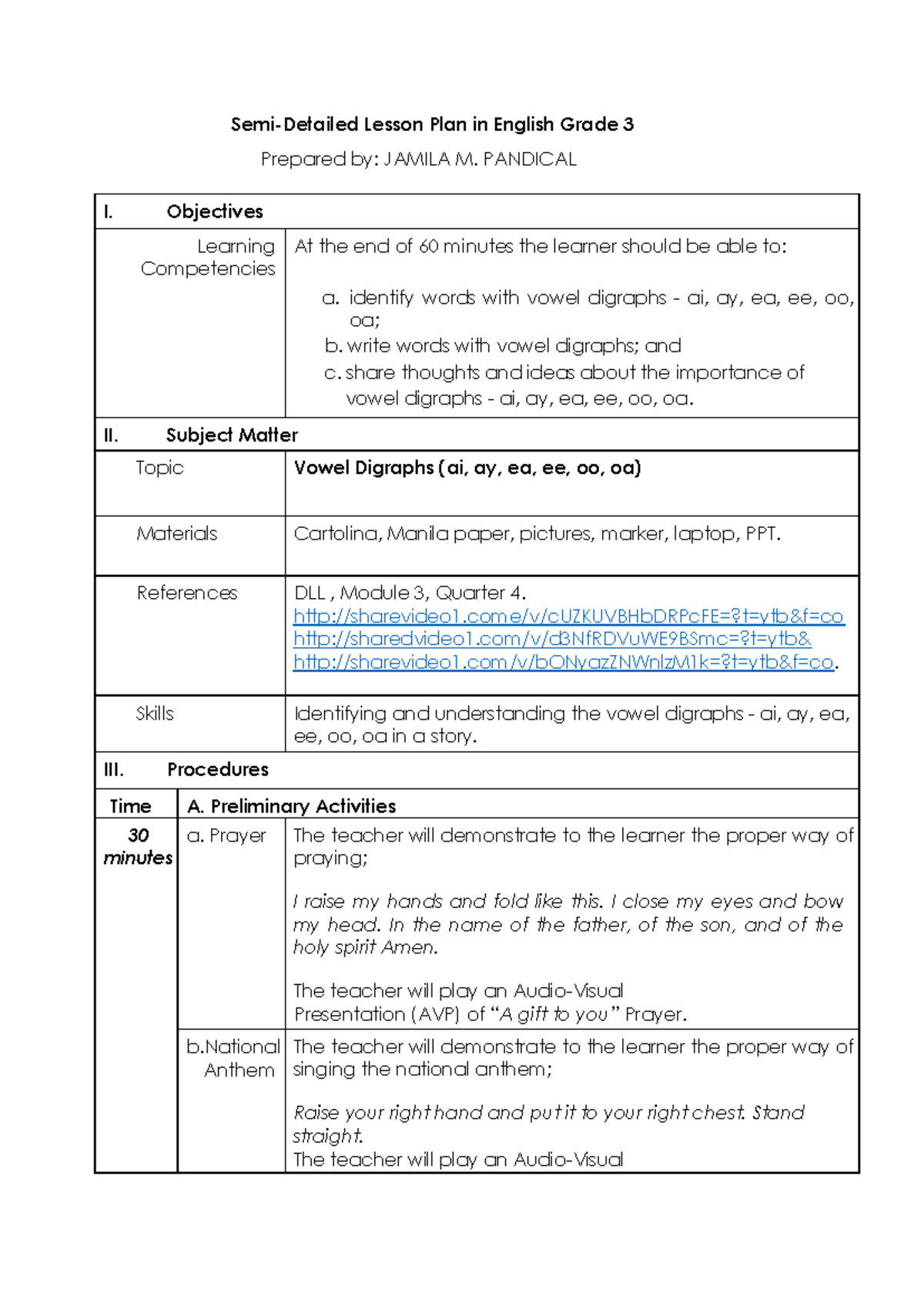 Semi-Detailed Lesson Plan on Vowel Digraphs for English Grade 3 - Studocu