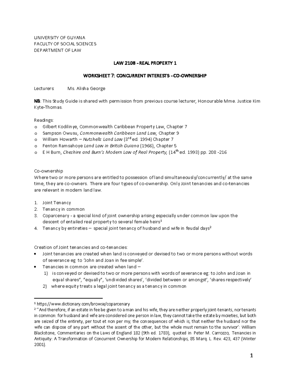 LAW 2108 REAL PROPERTY 1 WORKSHEET: CO-OWNERSHIP AND CONCURRENT ...