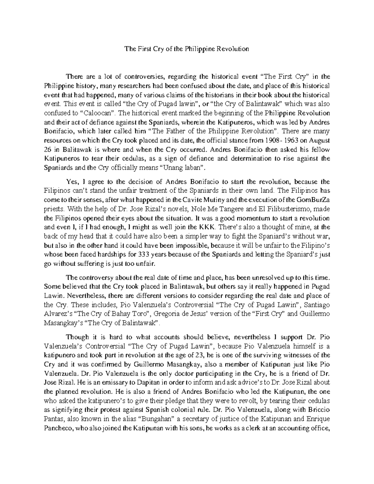 The First Cry of the Philippine Revolution: A Historical Analysis - Studocu