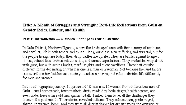 Gender Roles and Health Disparities in Gulu: A Study (Coursework 2024 ...