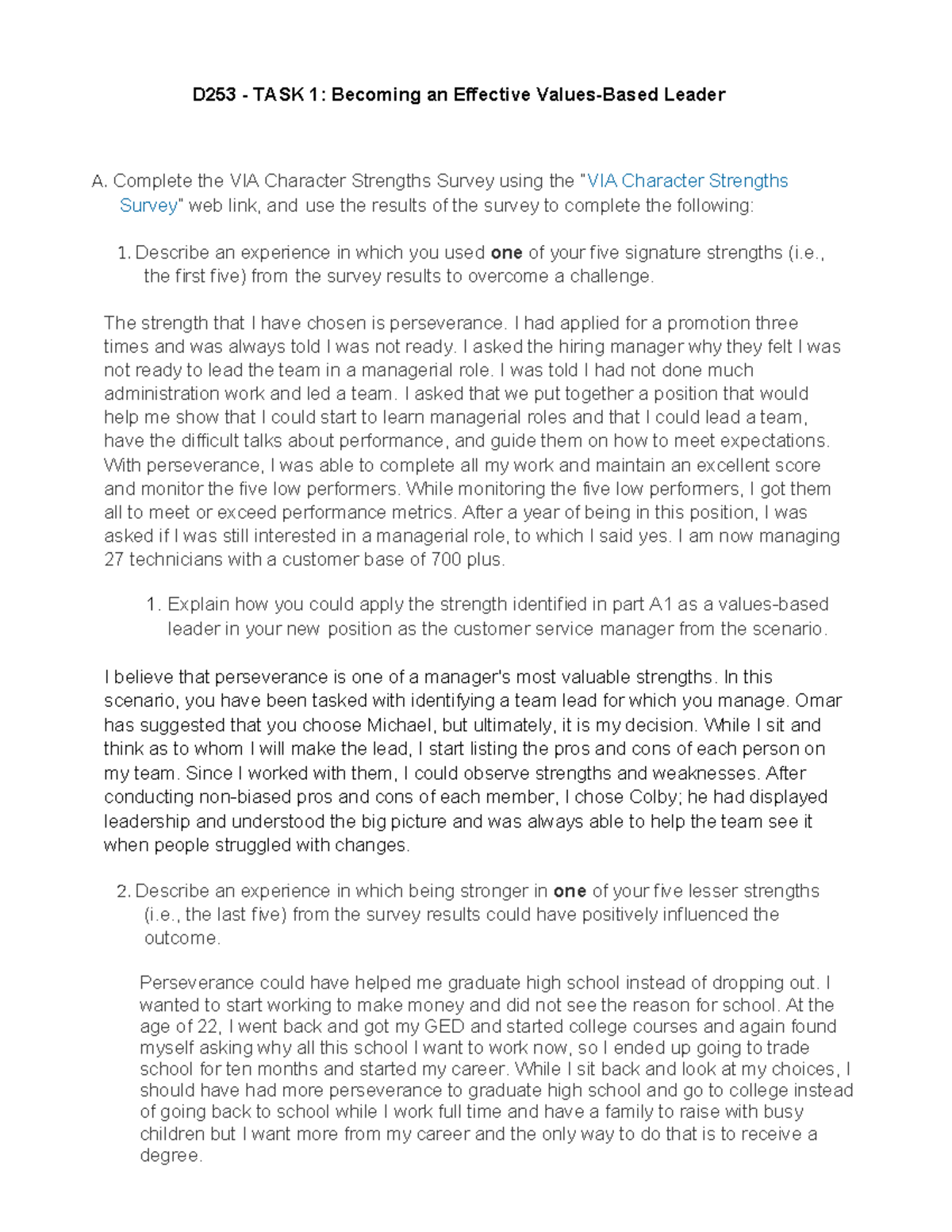 D253 Task 1: Developing Values-Based Leadership Through Perseverance ...