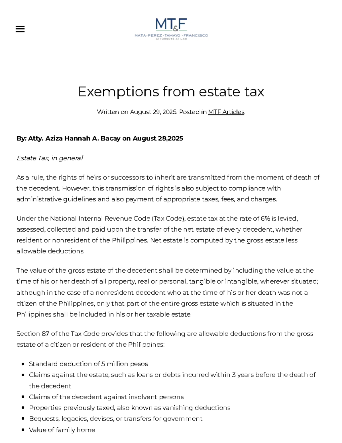 Estate Tax Exemptions: Key Insights and Legal Precedents - MTF - Studocu