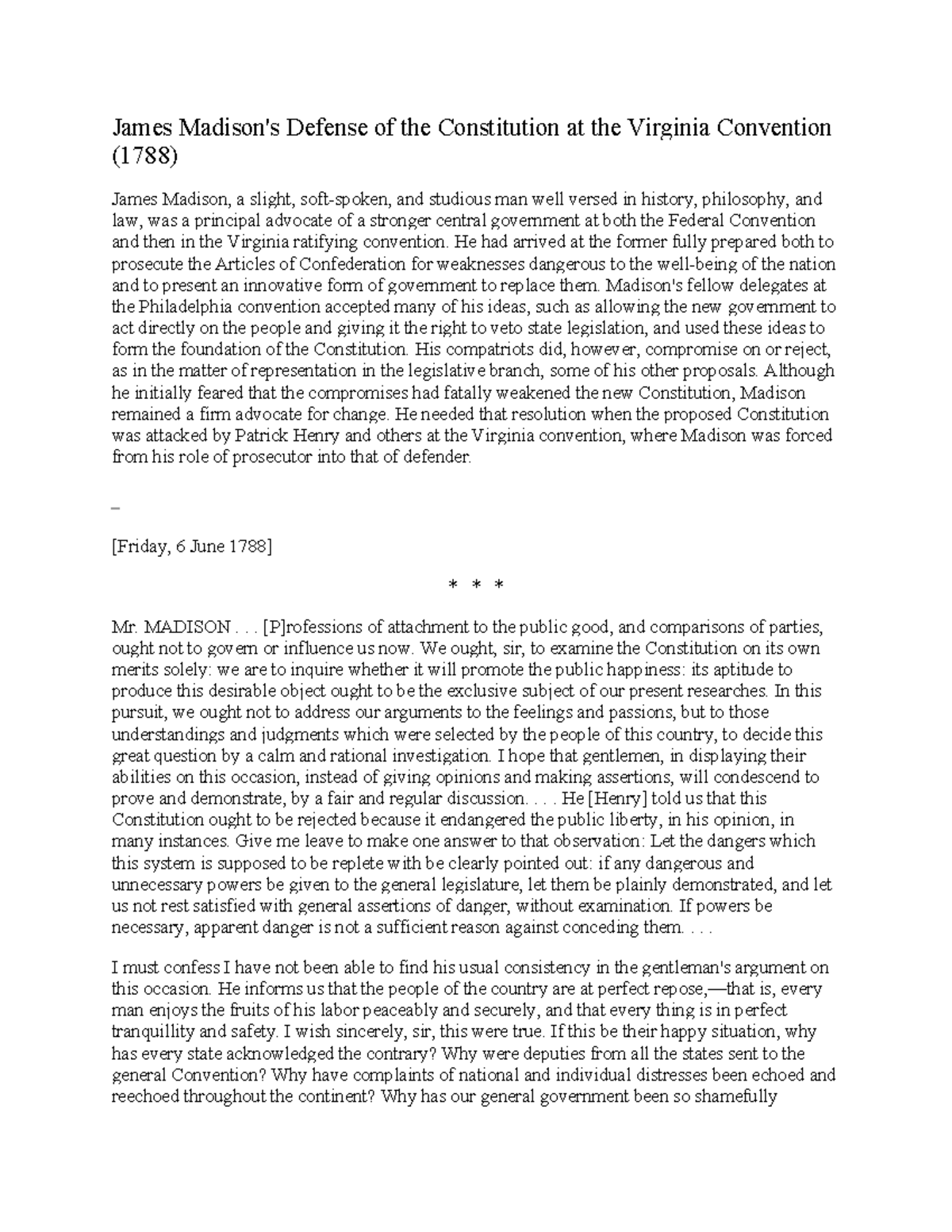James Madison's Defense of the Constitution at the VA Convention (1788 ...