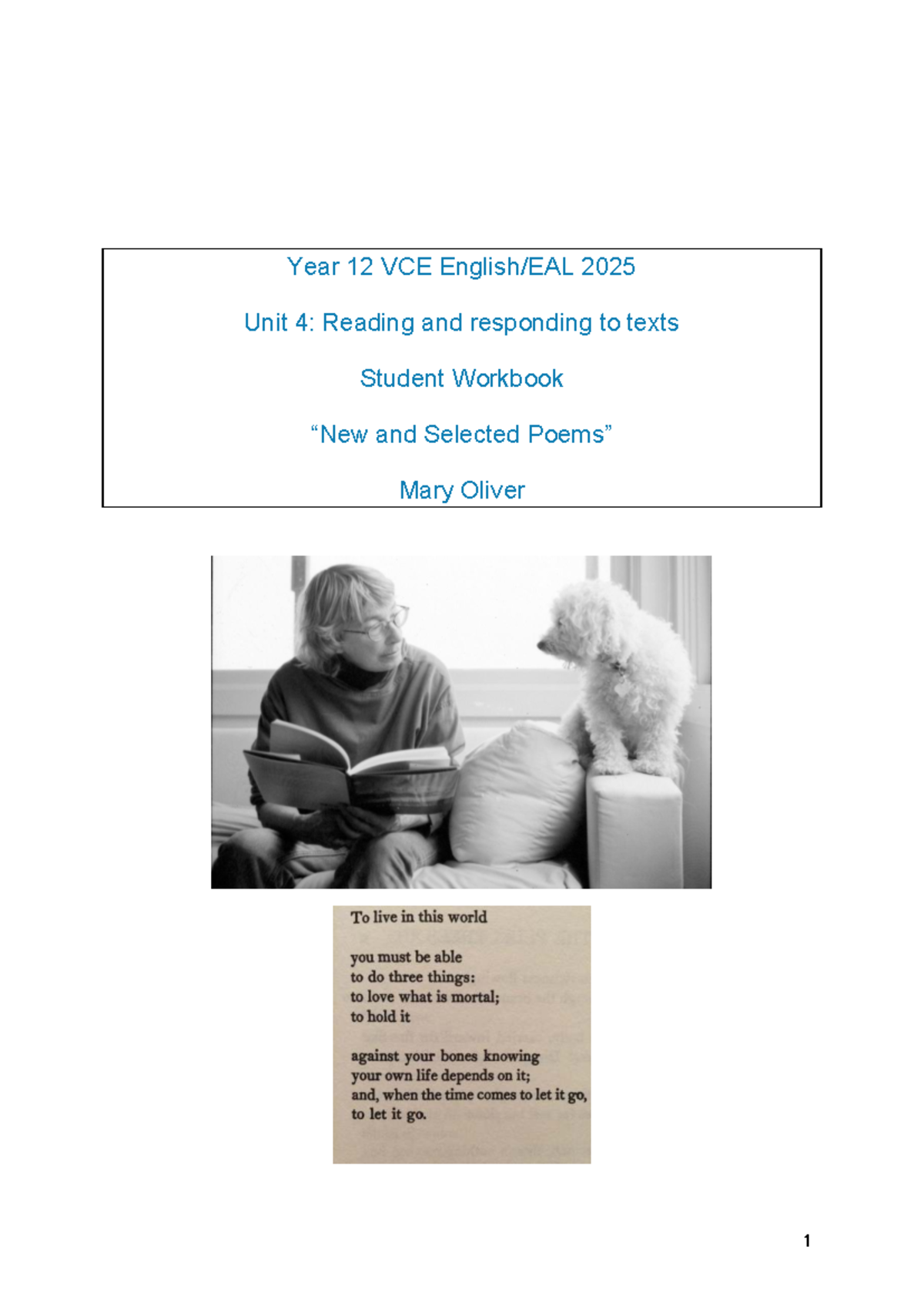 Year 12 VCE 2025 Unit 4: Mary Oliver Poetry Analysis Workbook - Studocu