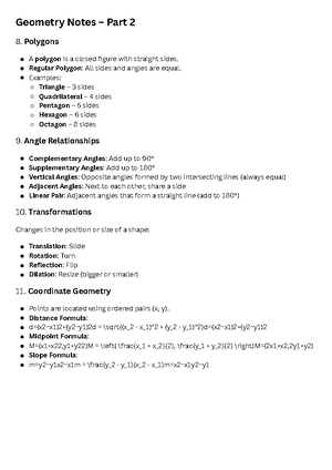Basic Geometry Notes (MATH101): Points, Lines, Angles, and Shapes - Studocu
