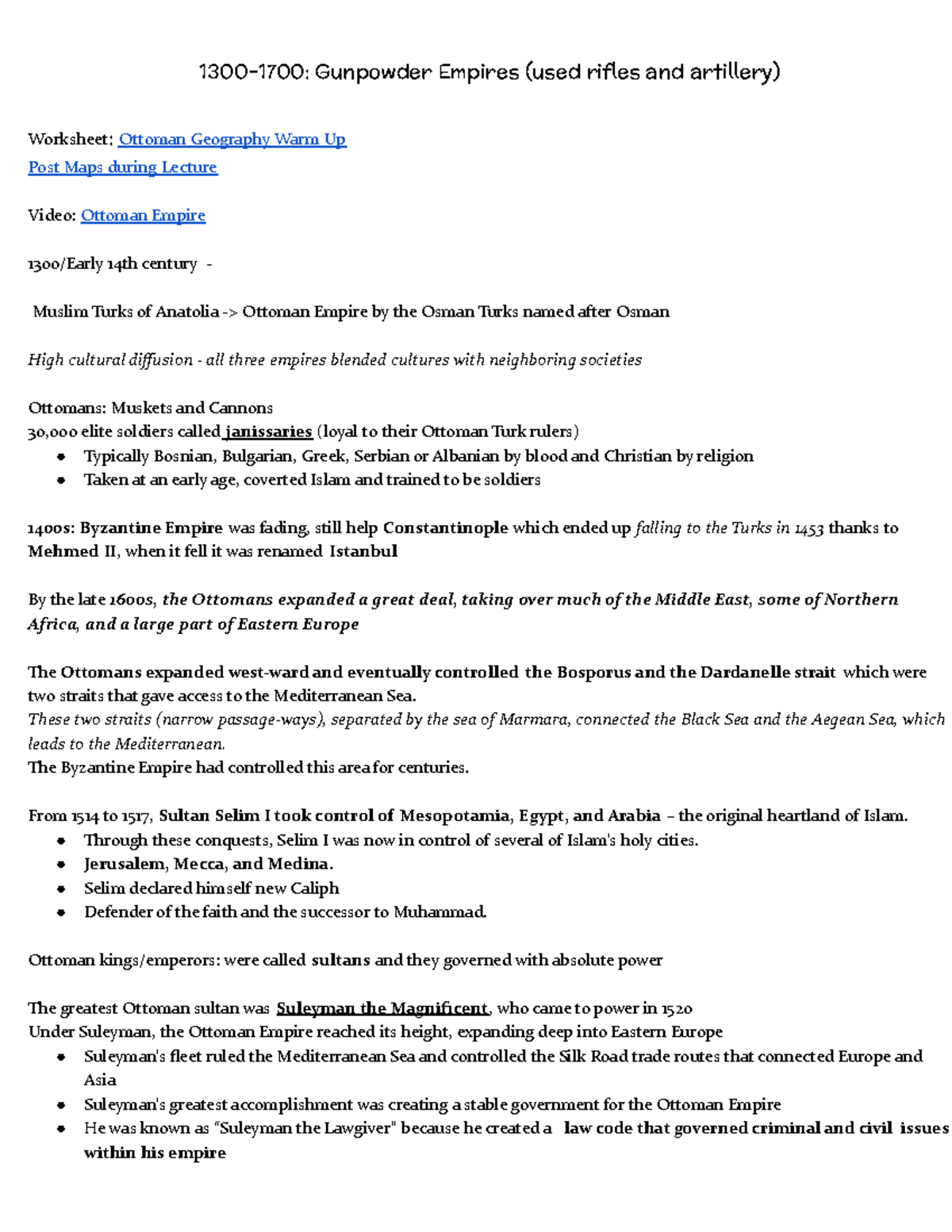 Ottoman Empire lecture notes - 1300-1700: Gunpowder Empires (used ...