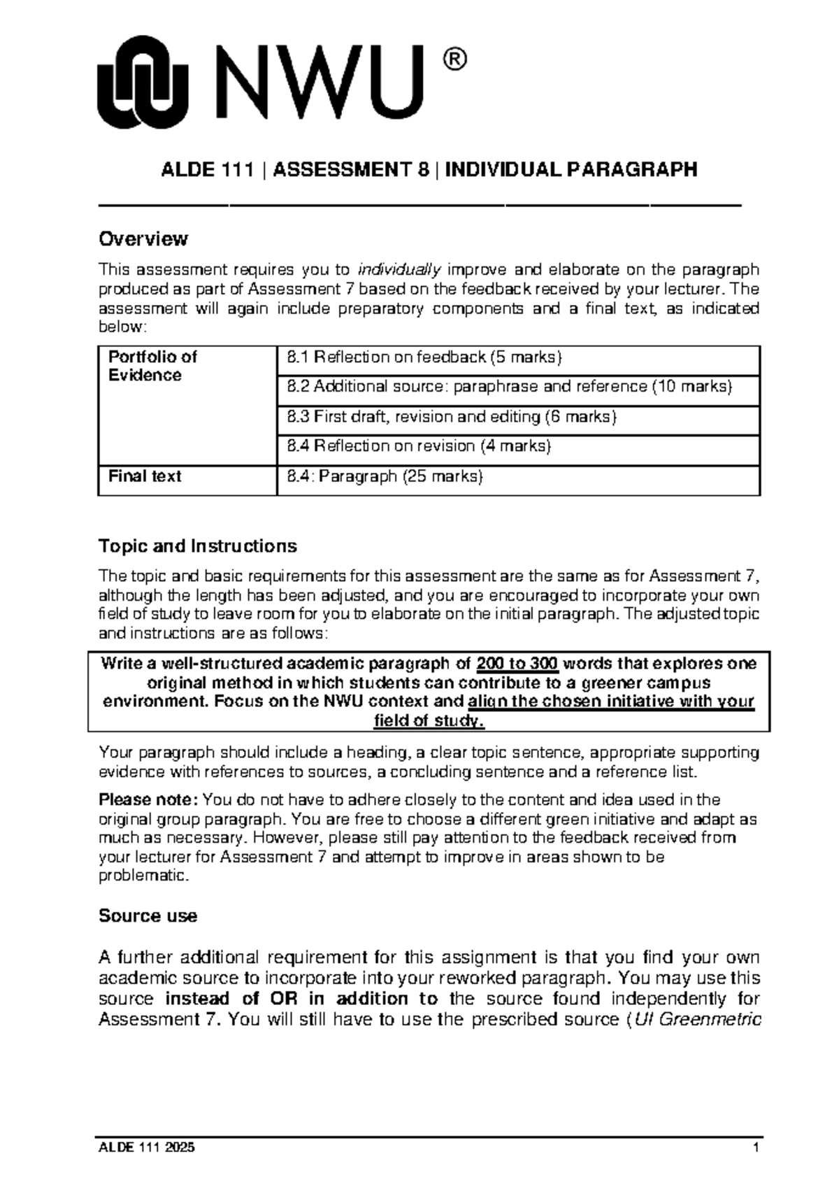 ALDE 2025 Assessment 8: Individual Paragraph on Campus Sustainability ...