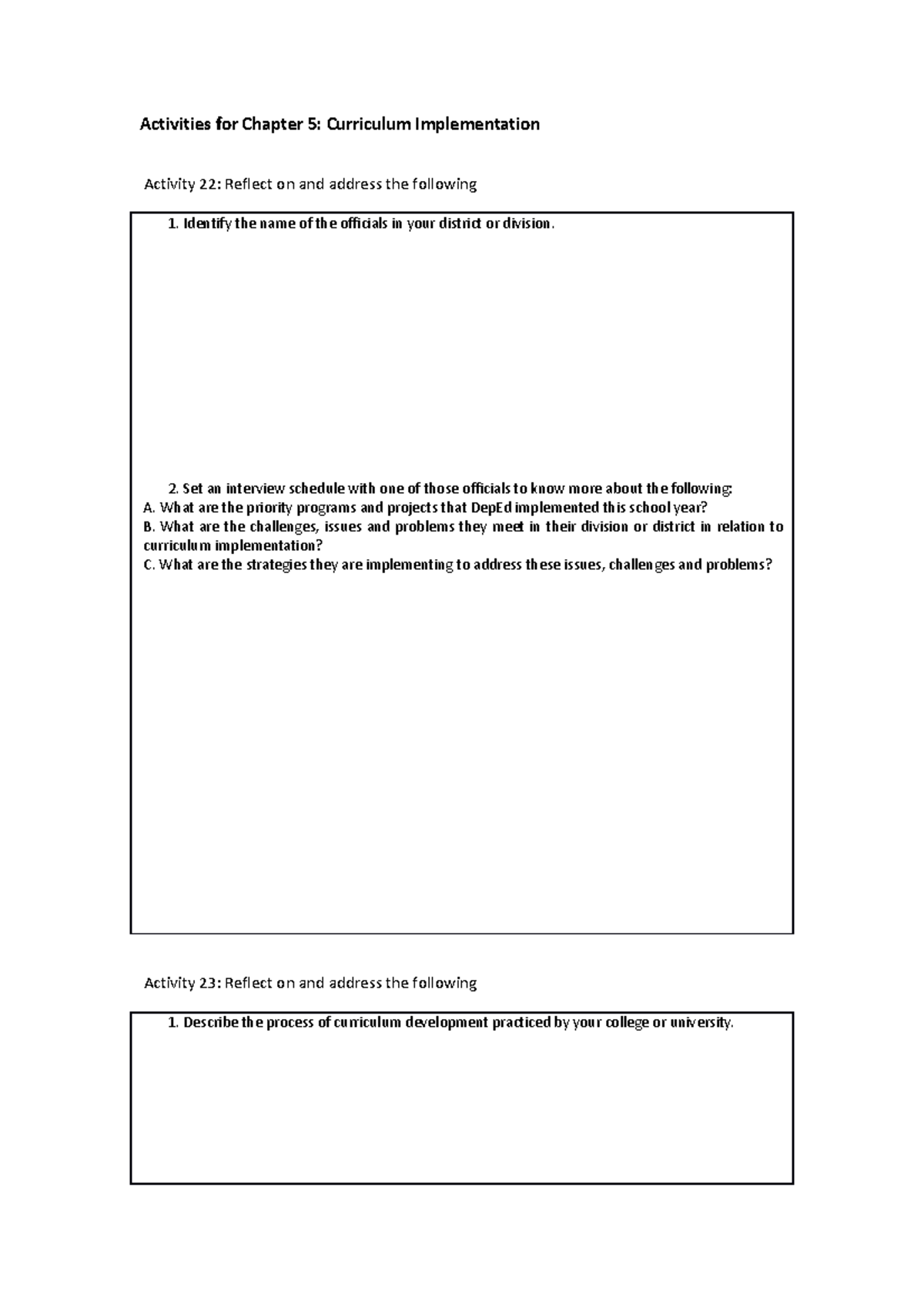 Curriculum Implementation Activities: Chapter 5 Overview - Studocu