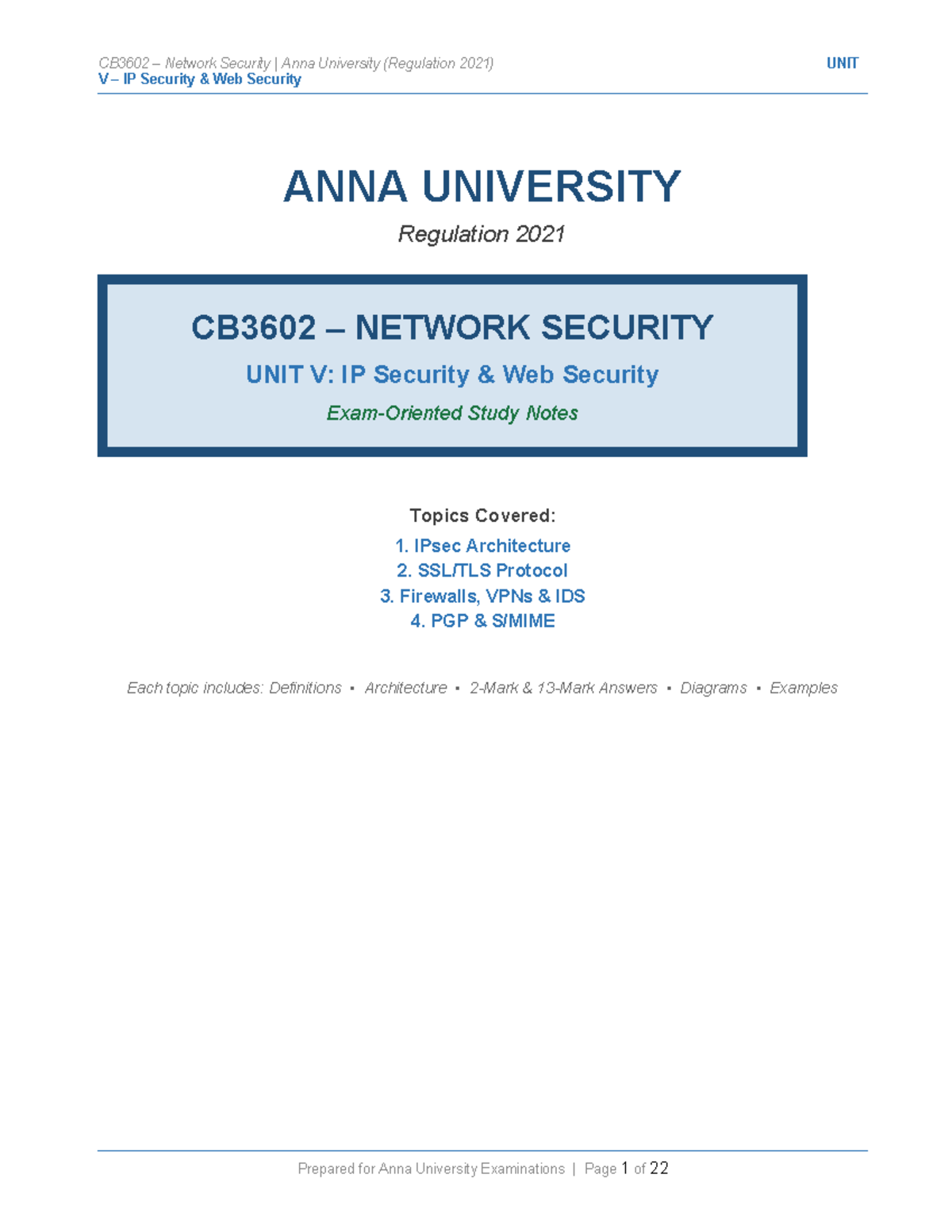CB3602 Network Security Study Notes: Unit V - IP & Web Security - Studocu