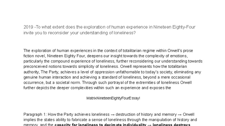 1984 Essay Notes: Exploring Loneliness and Human Experience in Orwell's ...