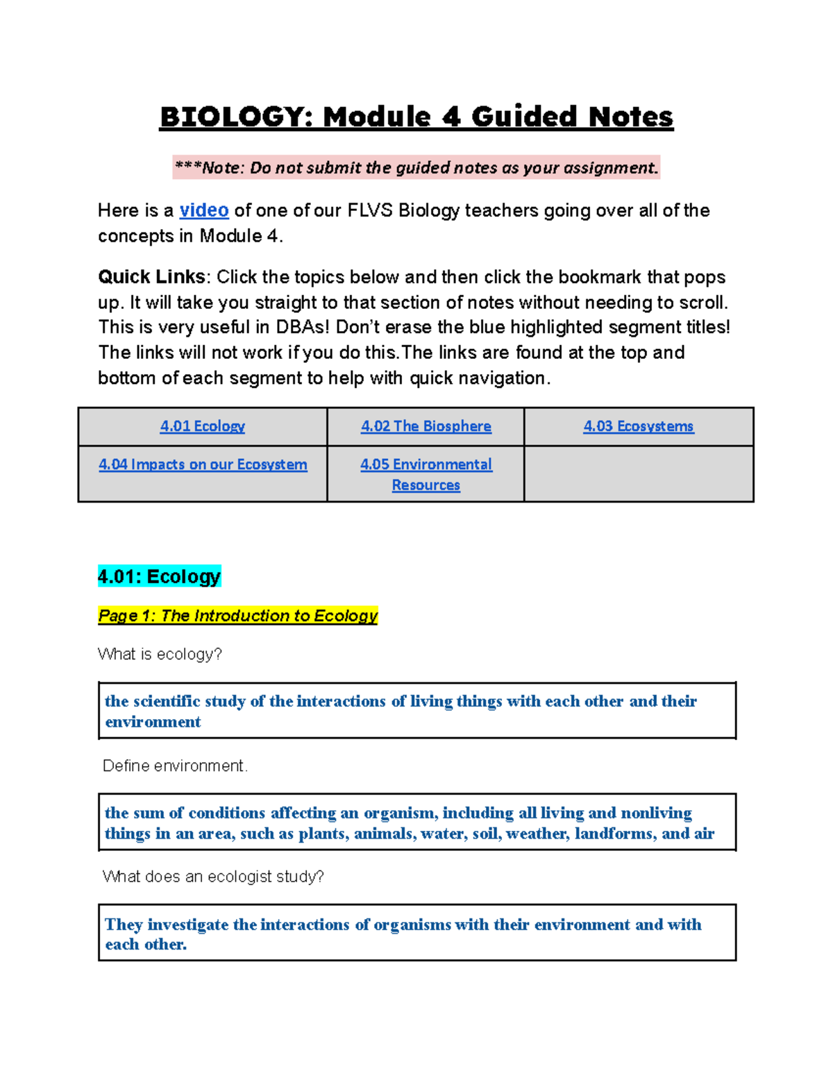 OCT 2025 BIO 4: Ecology and Ecosystems Guided Notes - Studocu