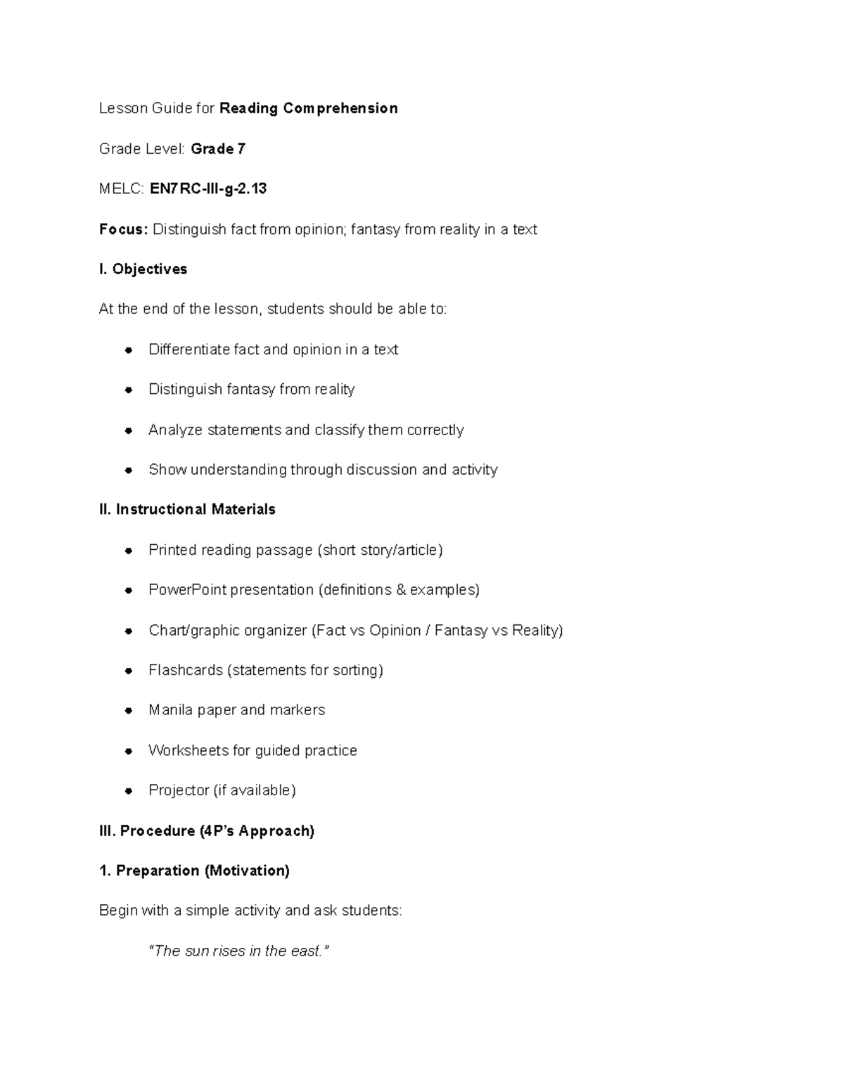 Grade 7 Reading Comprehension Lesson Guide: Fact vs. Fantasy - Studocu