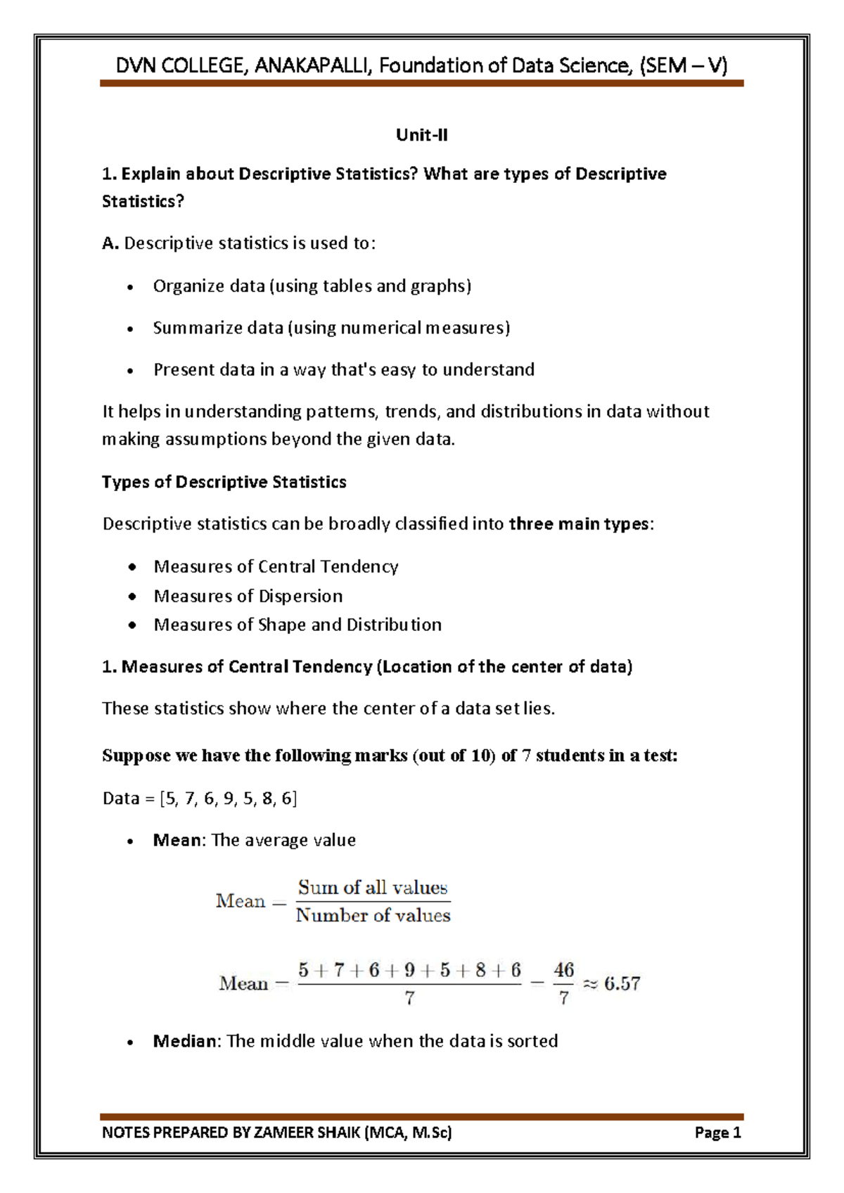 DVN COLLEGE, ANAKAPALLI, SEM V: Descriptive Statistics Overview - Studocu
