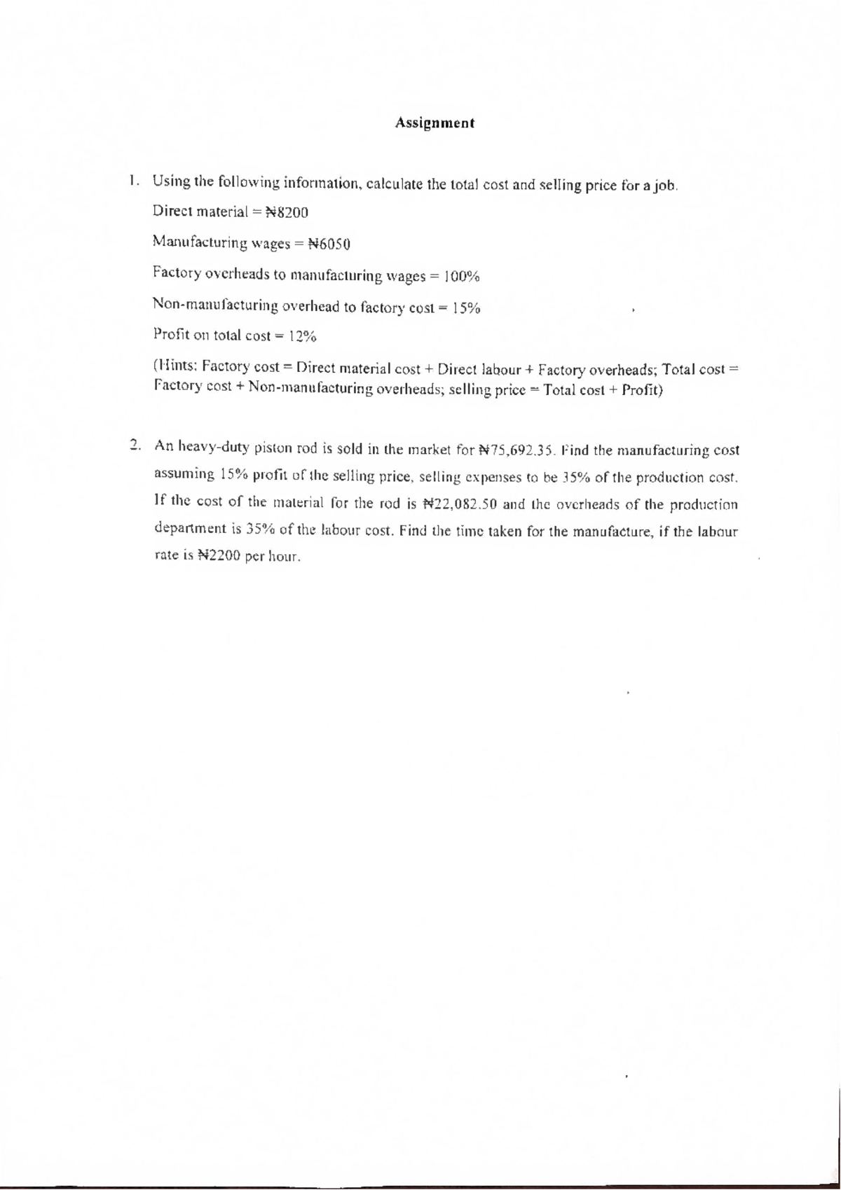 ENGR 101: Assignment 1 - Cost Calculation and Pricing Analysis - Studocu