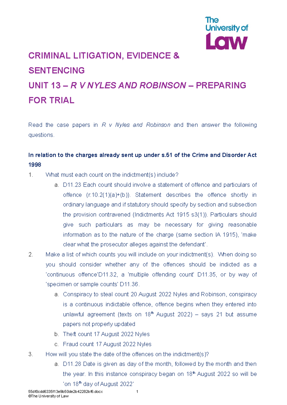 Nyles Questions - Qs for class - CRIMINAL LITIGATION, EVIDENCE ...