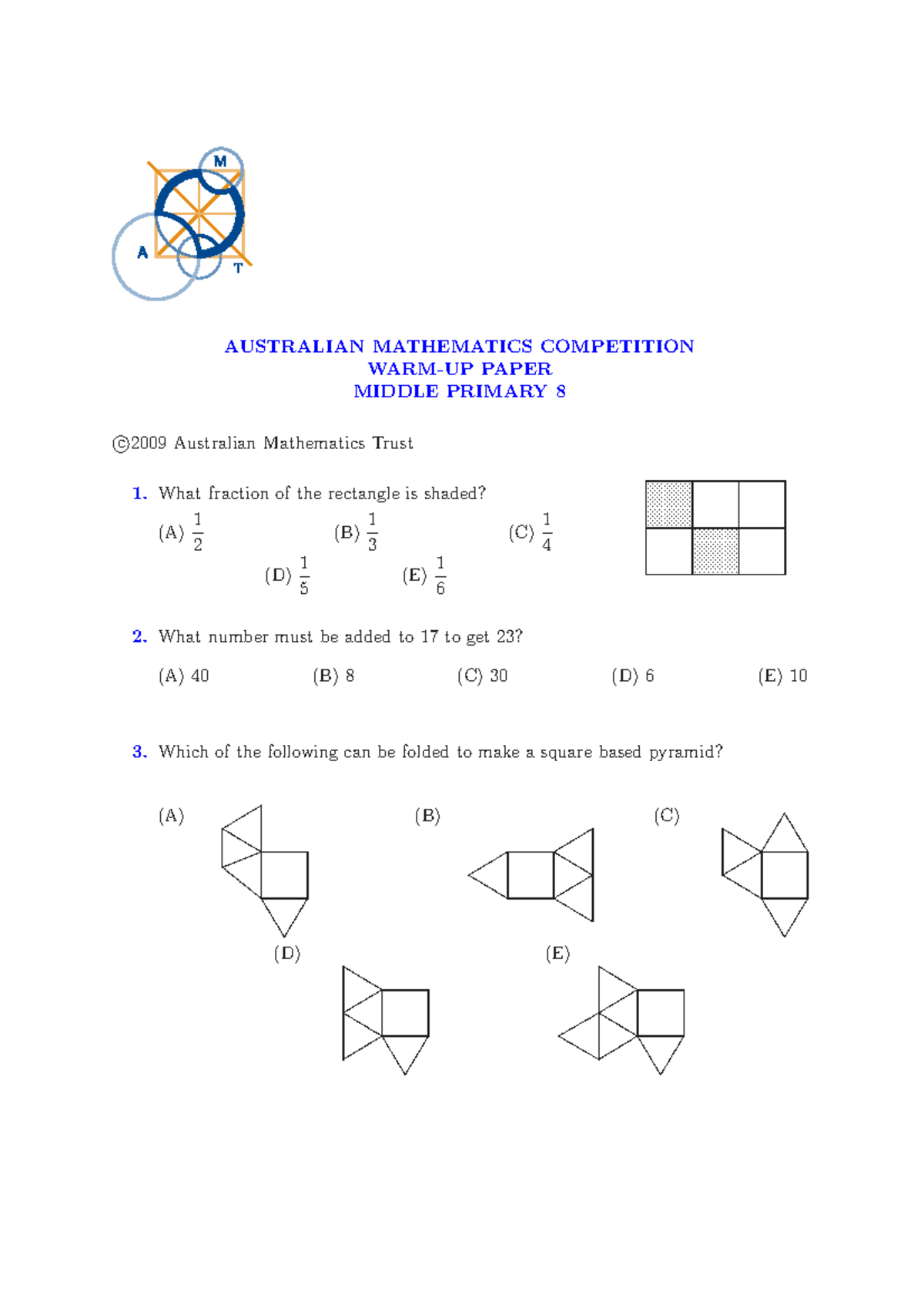 AMC 3 Middle Primary Mathematics Competition Paper - Studocu