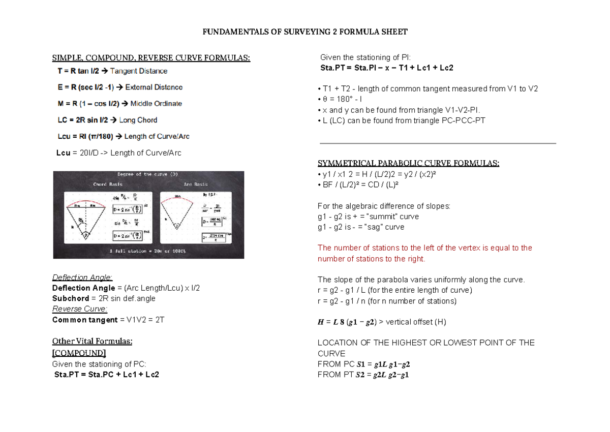 FOS 2 Formula Sheet: Simple, Compound & Reverse Curve Formulas - Studocu