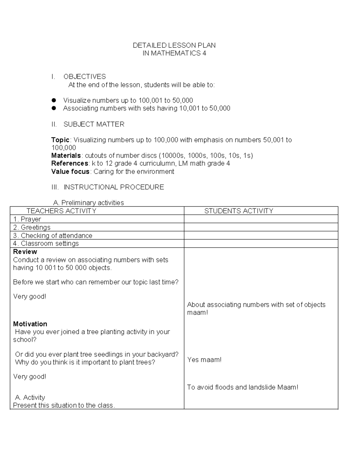 Detailed Lesson PLAN math 4 - DETAILED LESSON PLAN IN MATHEMATICS 4 I. OBJECTIVES At the end of ...