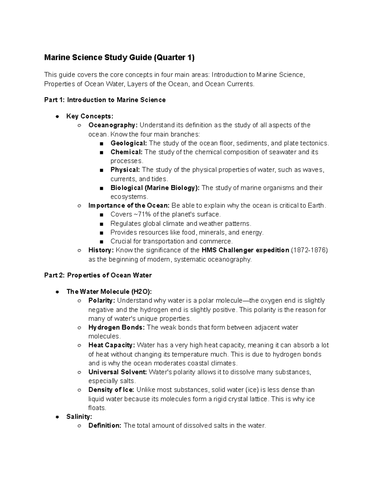 Marine Science Study Guide: Key Concepts for Q1 - Studocu