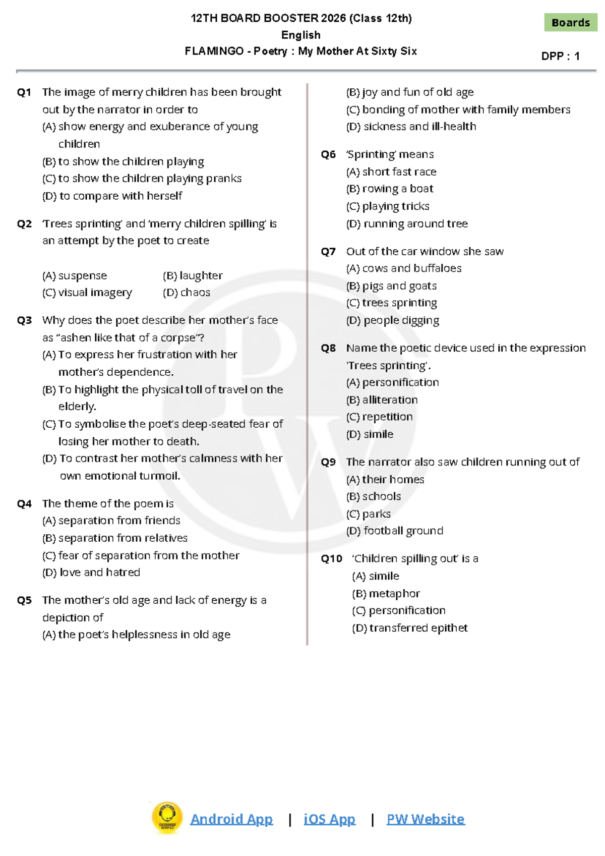 12TH Board Booster 2026: Flamingo Poetry DPP 01 - My Mother At Sixty ...