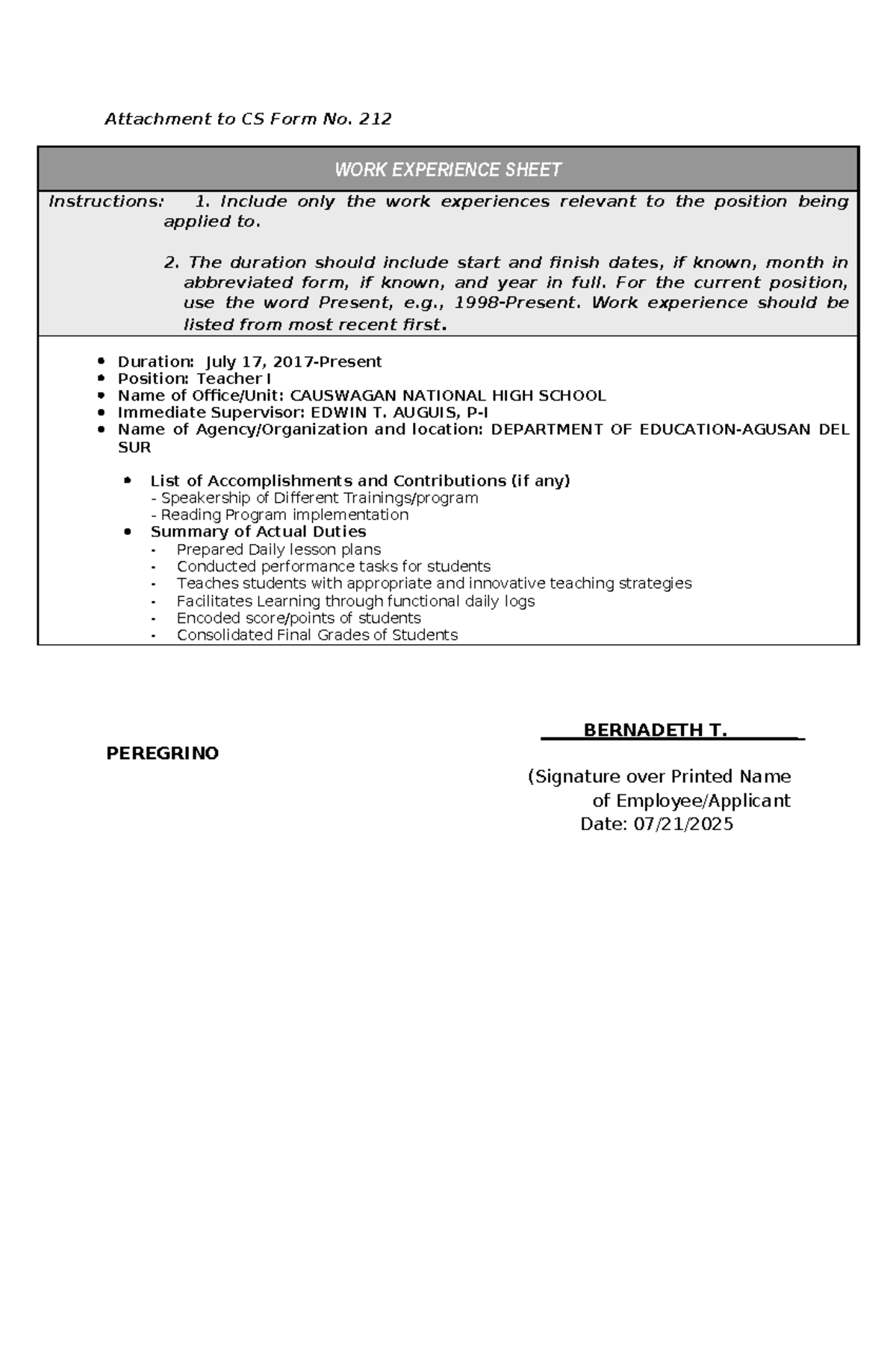 WORK Experience Sheet for Teacher I (CS Form No. 212) - Studocu