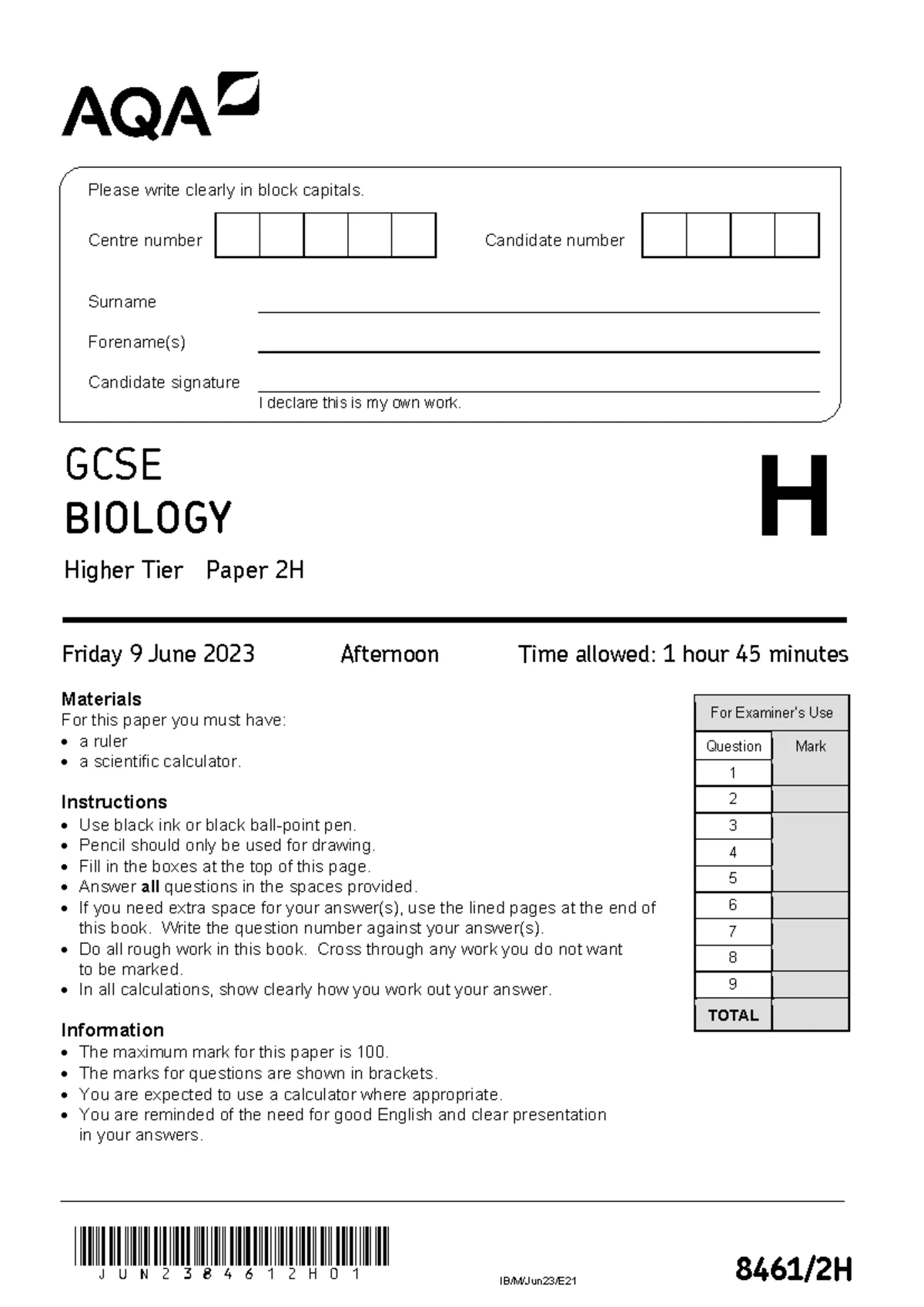 GCSE Biology Paper 1 Model Answer Booklet for AQA Triple/Combined Science - Studocu