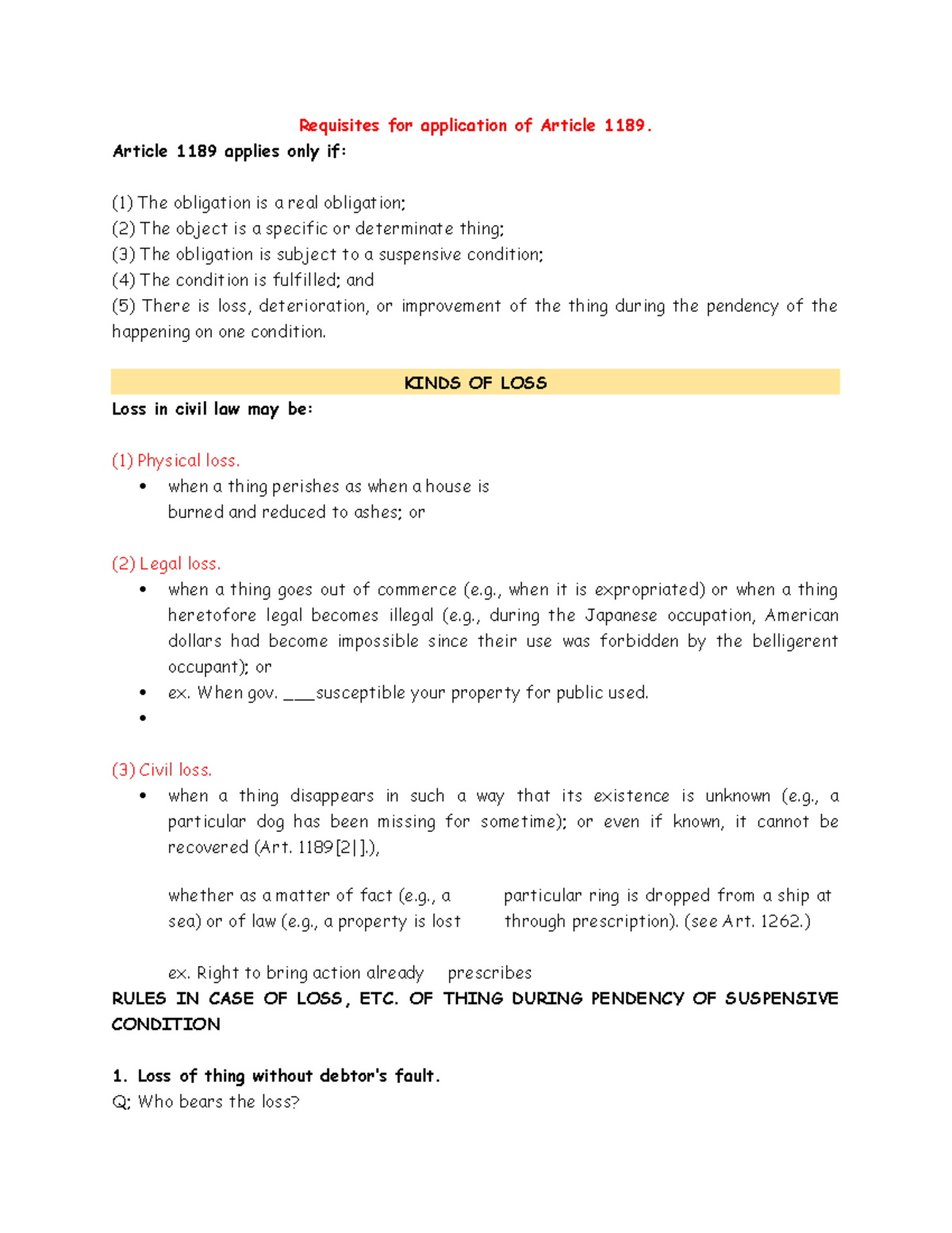 Article 1189 - Obligations and loss in civil law notes - Studocu