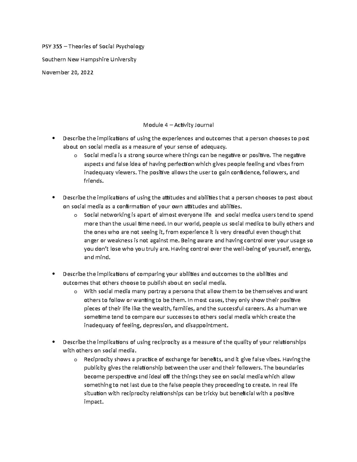 PSY 355 - Module Four Journal - PSY 355 – Theories of Social Psychology ...