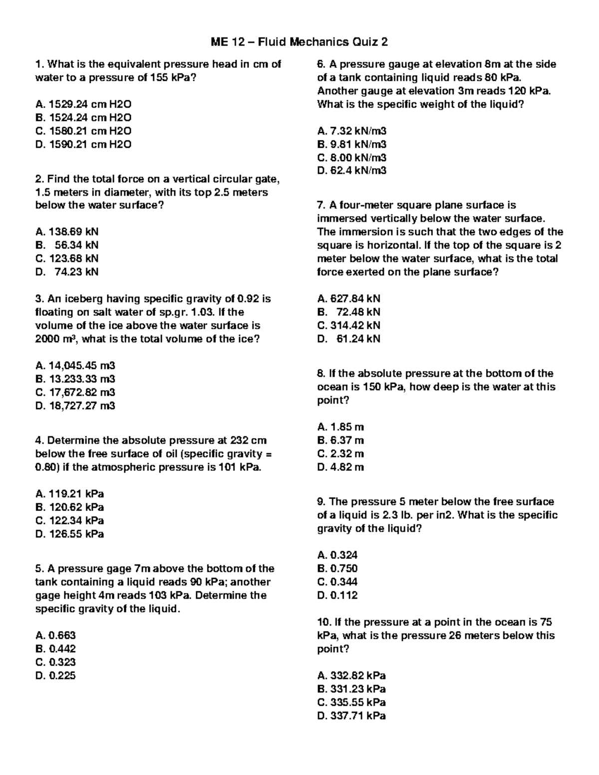 ME 12 Fluid Mechanics Quiz 2: Questions and Answers - Studocu