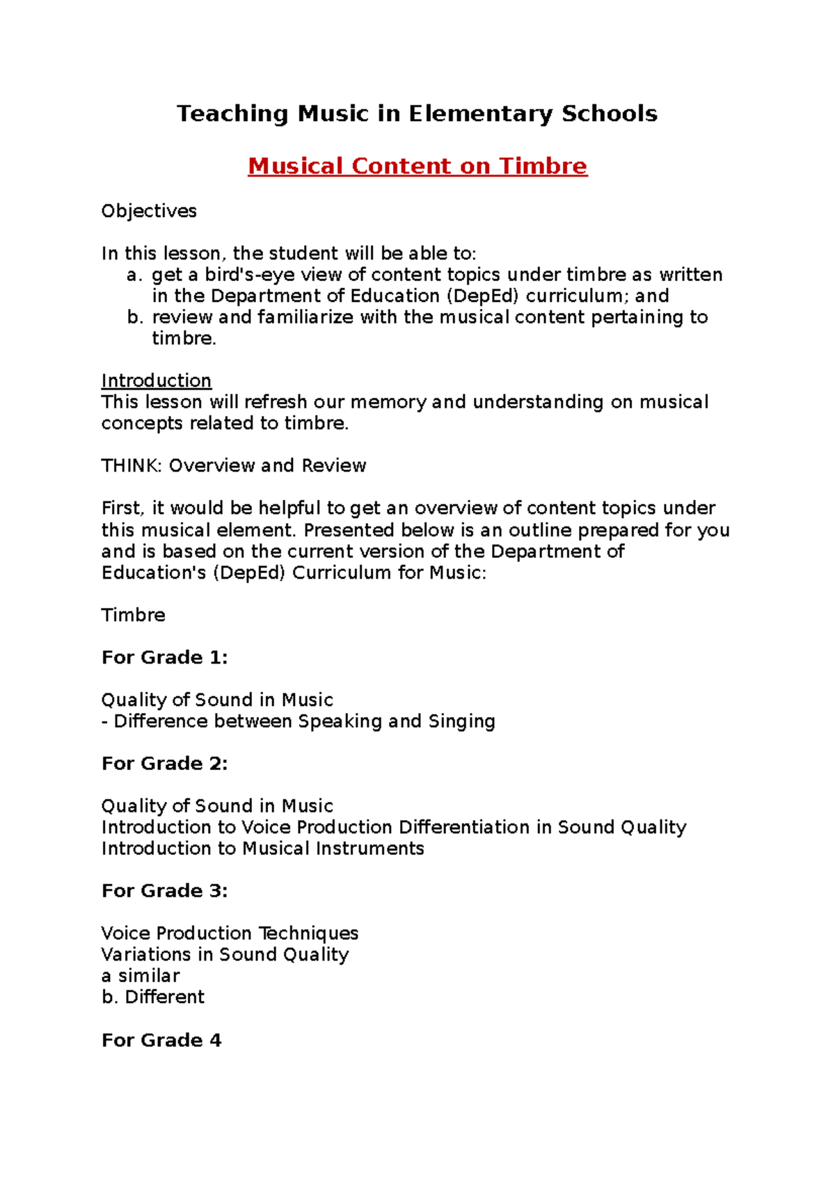 Teaching Music in Elementary Schools-Musical Content on Timbre ...