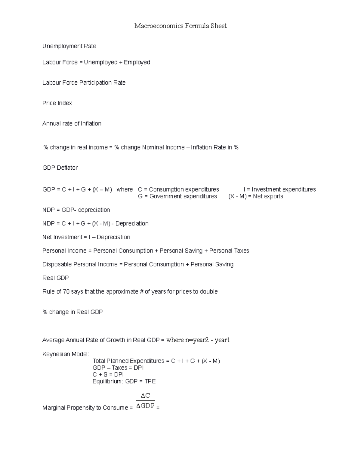 MACRO-Formula Sheet - Macroeconomics Formula Sheet Unemployment Rate ...