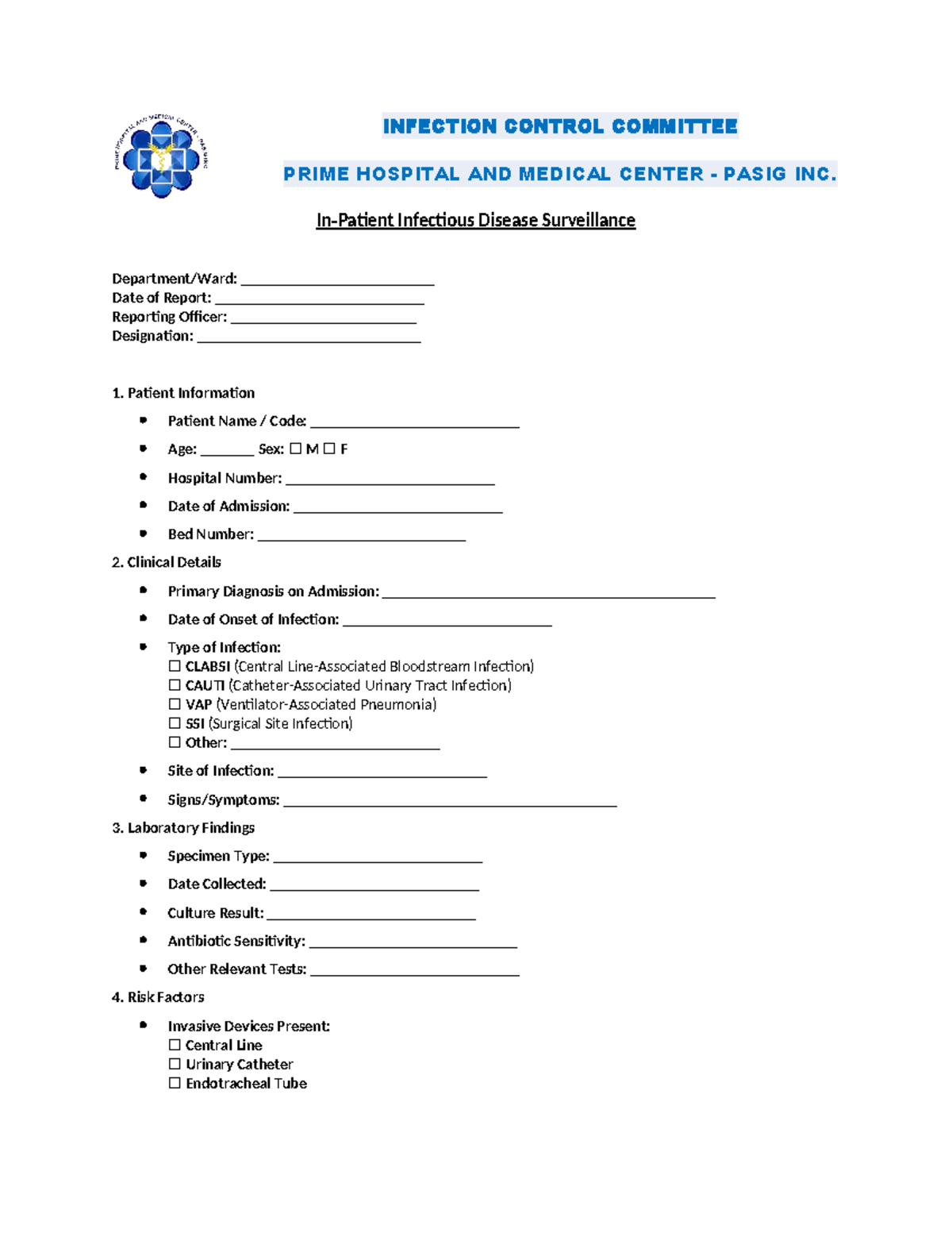 In-patient Surveillance Form for Infection Control at Prime Hospital ...