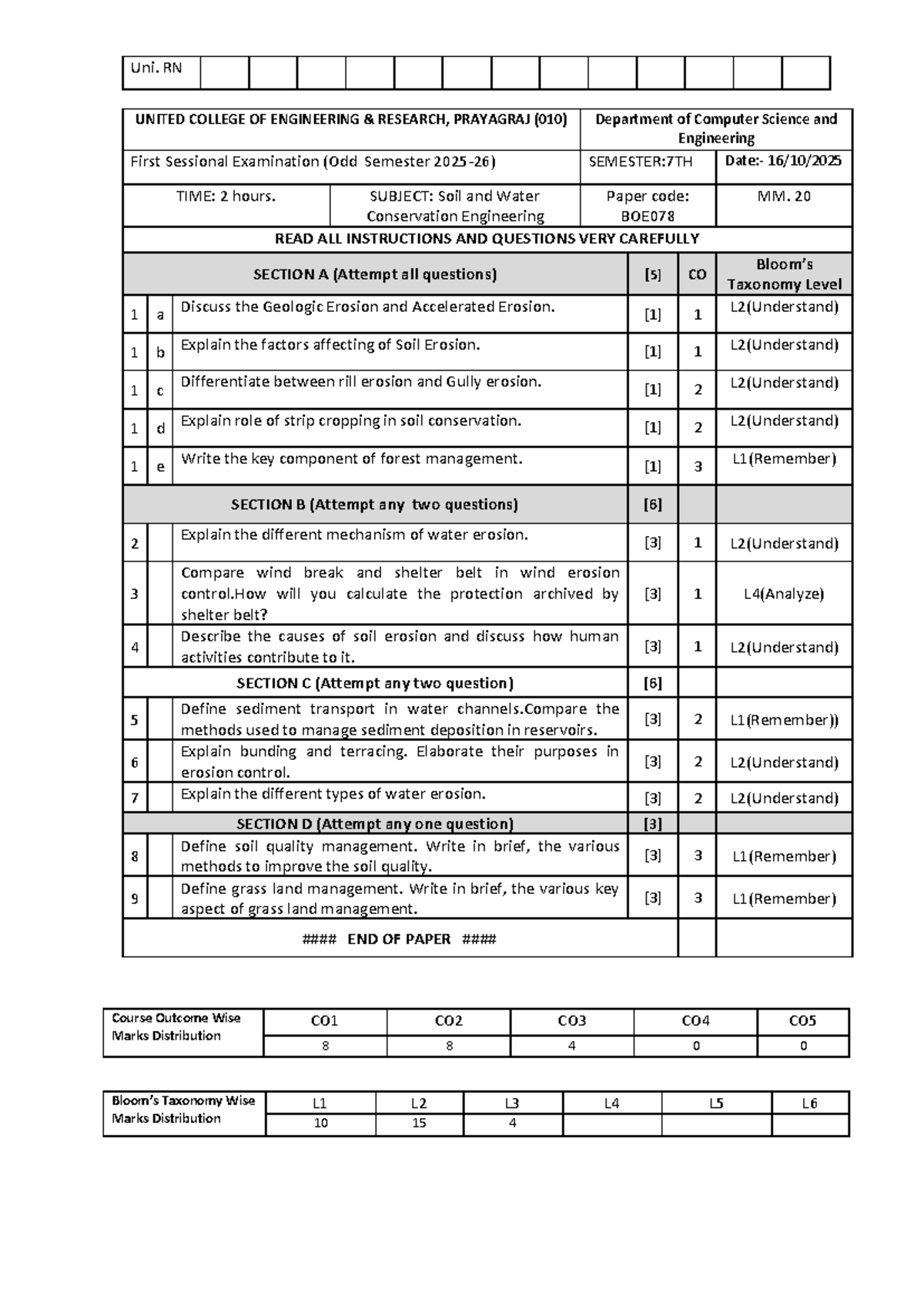 SWCE 1 SES - Soil and Water Conservation Engineering Exam Notes - Studocu
