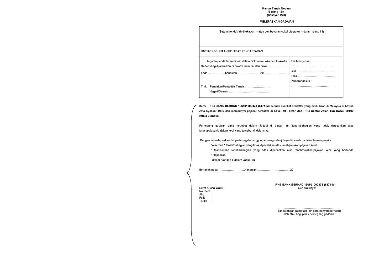 16N RHB - Melepaskan Gadaian dan Penyerahan Tanah - Studocu