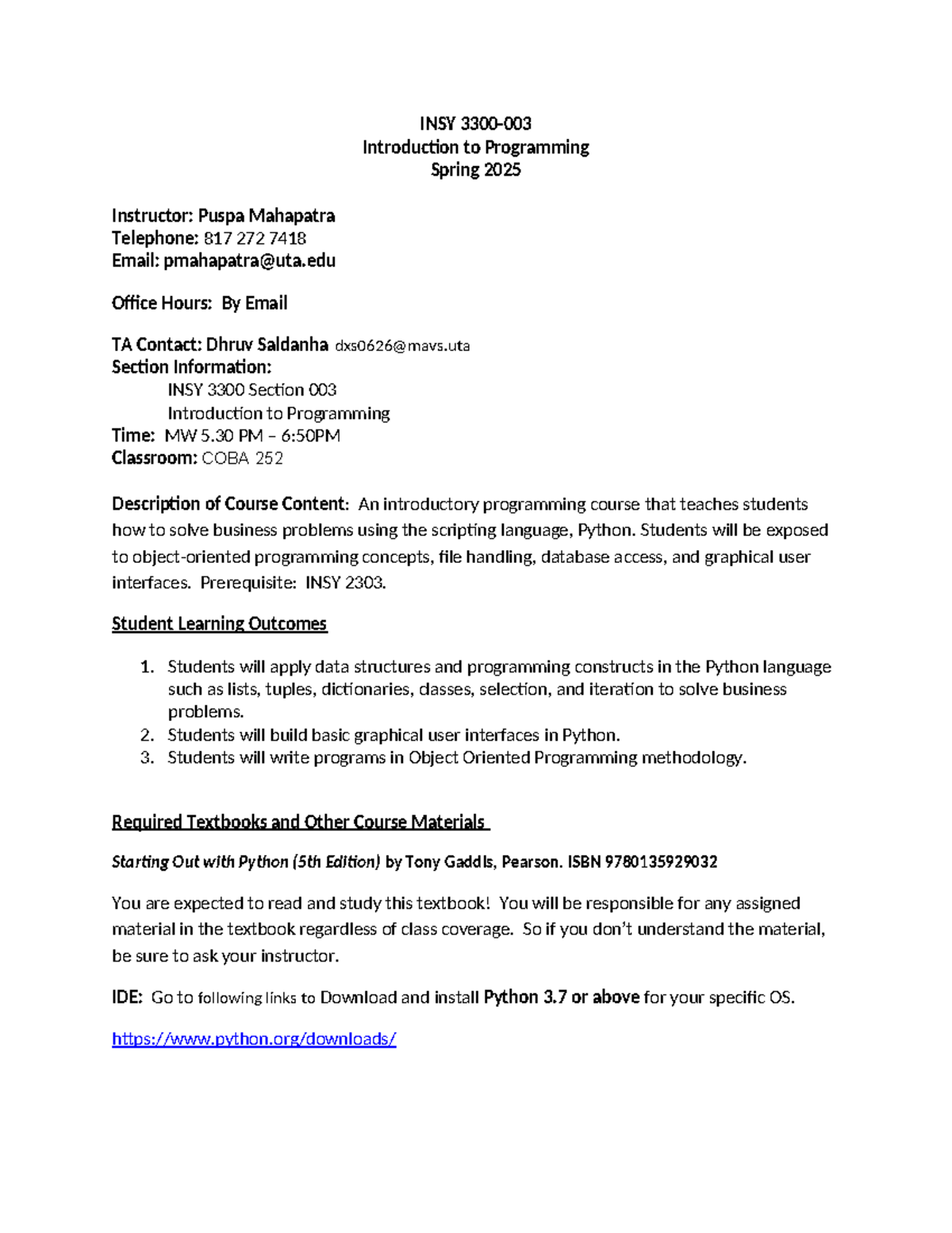 Introduction to Programming Syllabus - INSY 3300-003 Spring 2025 - Studocu