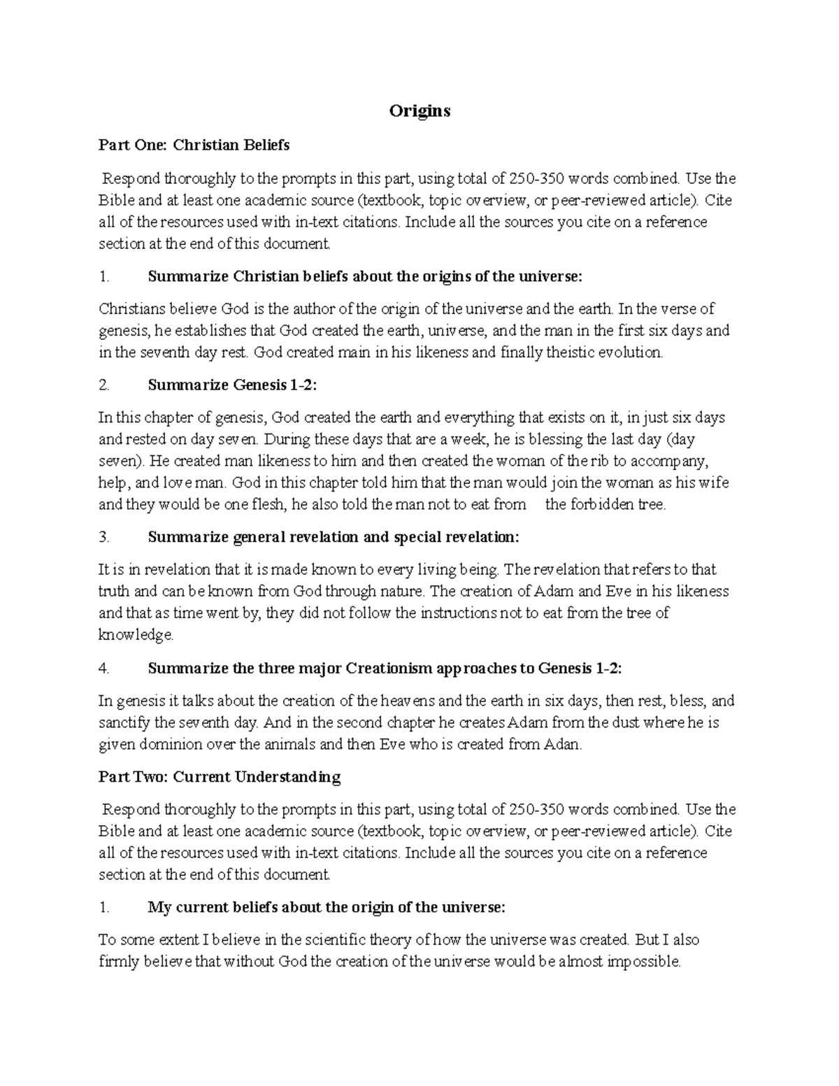 CWV-101 Origins - Assignment on Christian Beliefs and Theories - Studocu