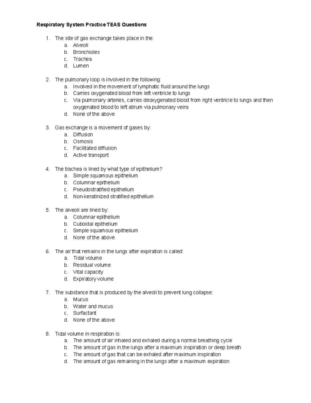 example exam questions on respiratory system - Respiratory system ...