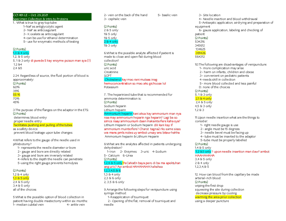 CC1 4th Long Exam Sample Questions in Clinical Chemistry - Studocu