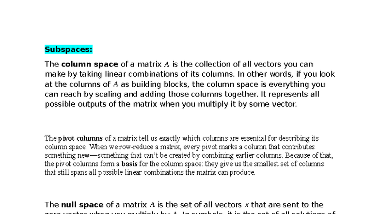 Notes on Linear Algebra: Column Space, Null Space, and Determinants ...