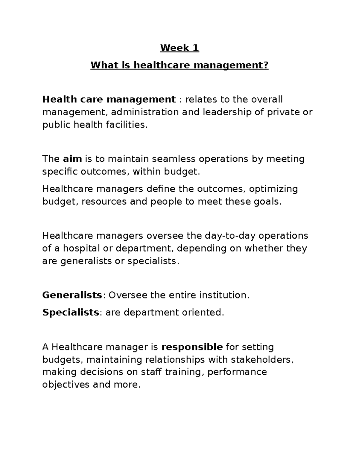 Healthcare Management Overview: Weeks 1-3 Video Insights - FGDGGJJKK ...