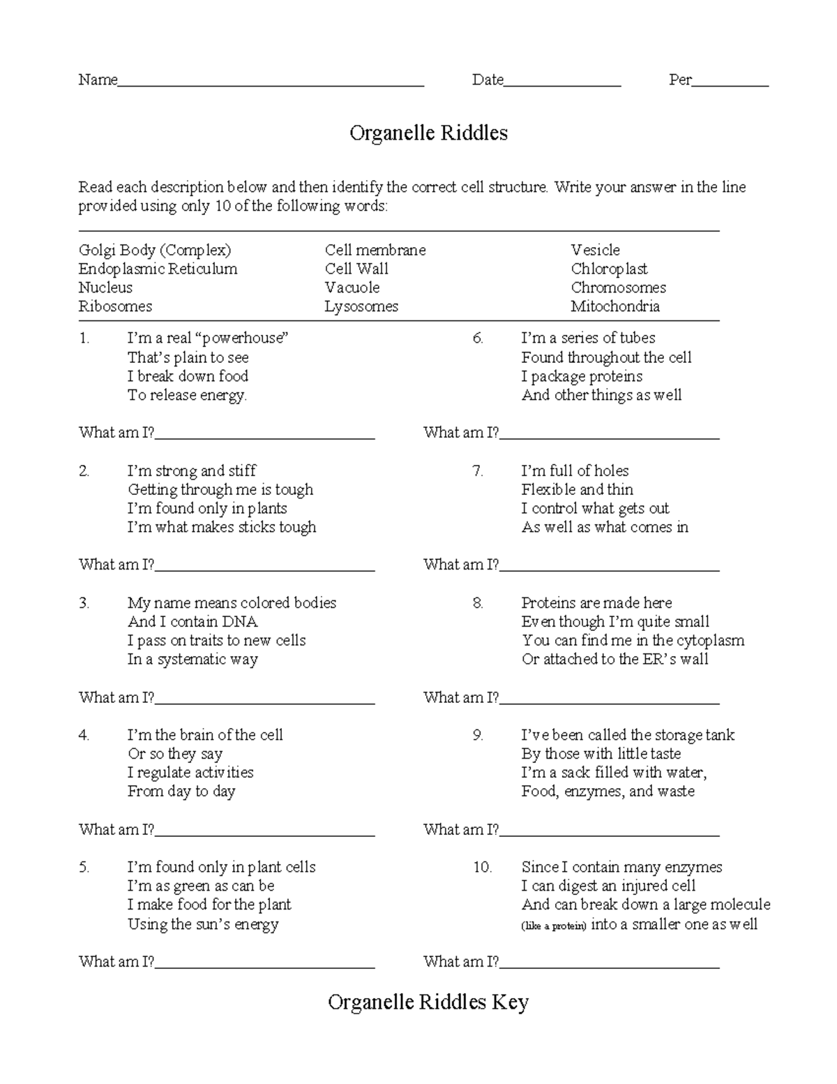 Organelle Riddles Worksheet with Answer Key - Bio 101 - Studocu