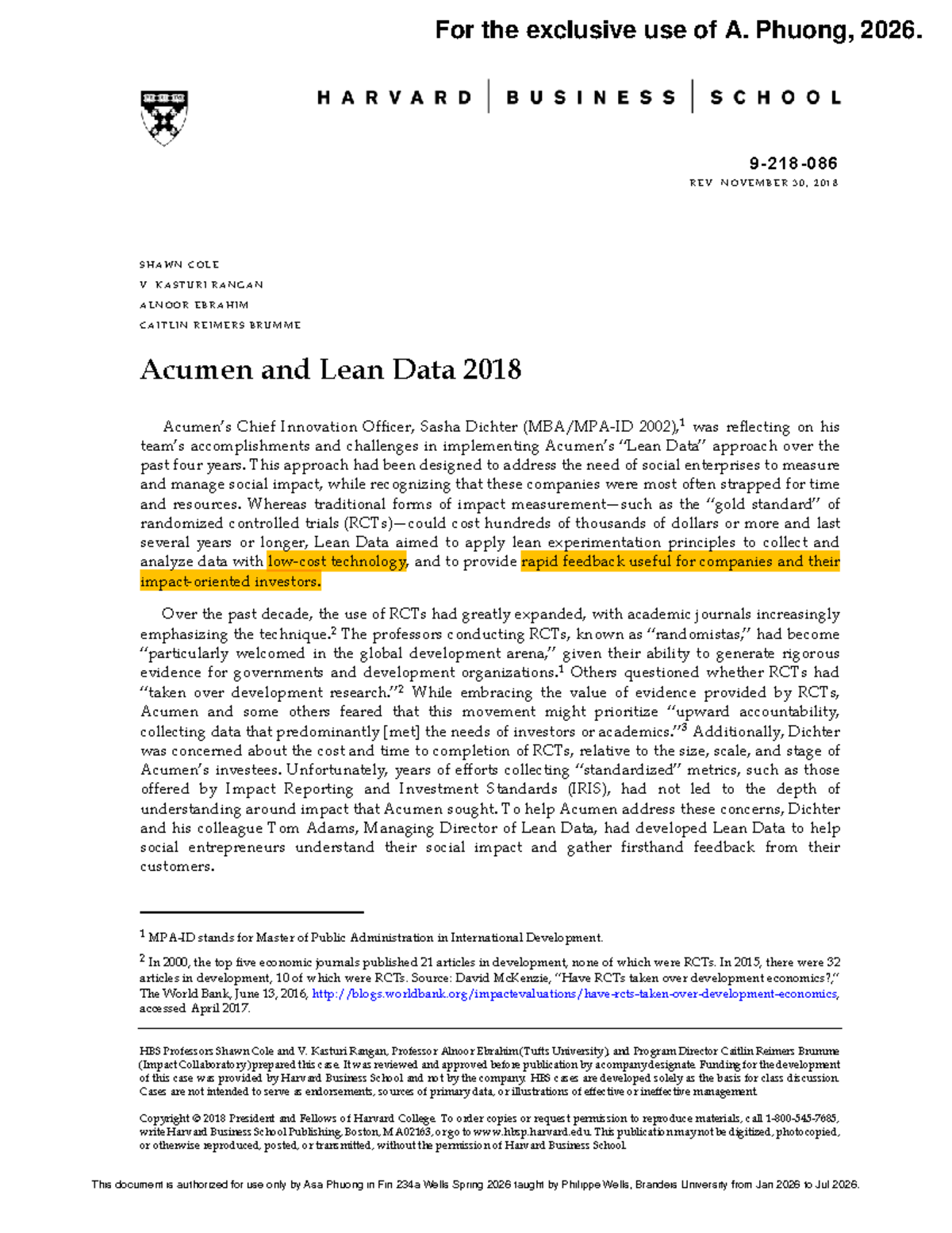 Acumen and Lean Data: Insights for Fin 234a, Spring 2026 - Studocu