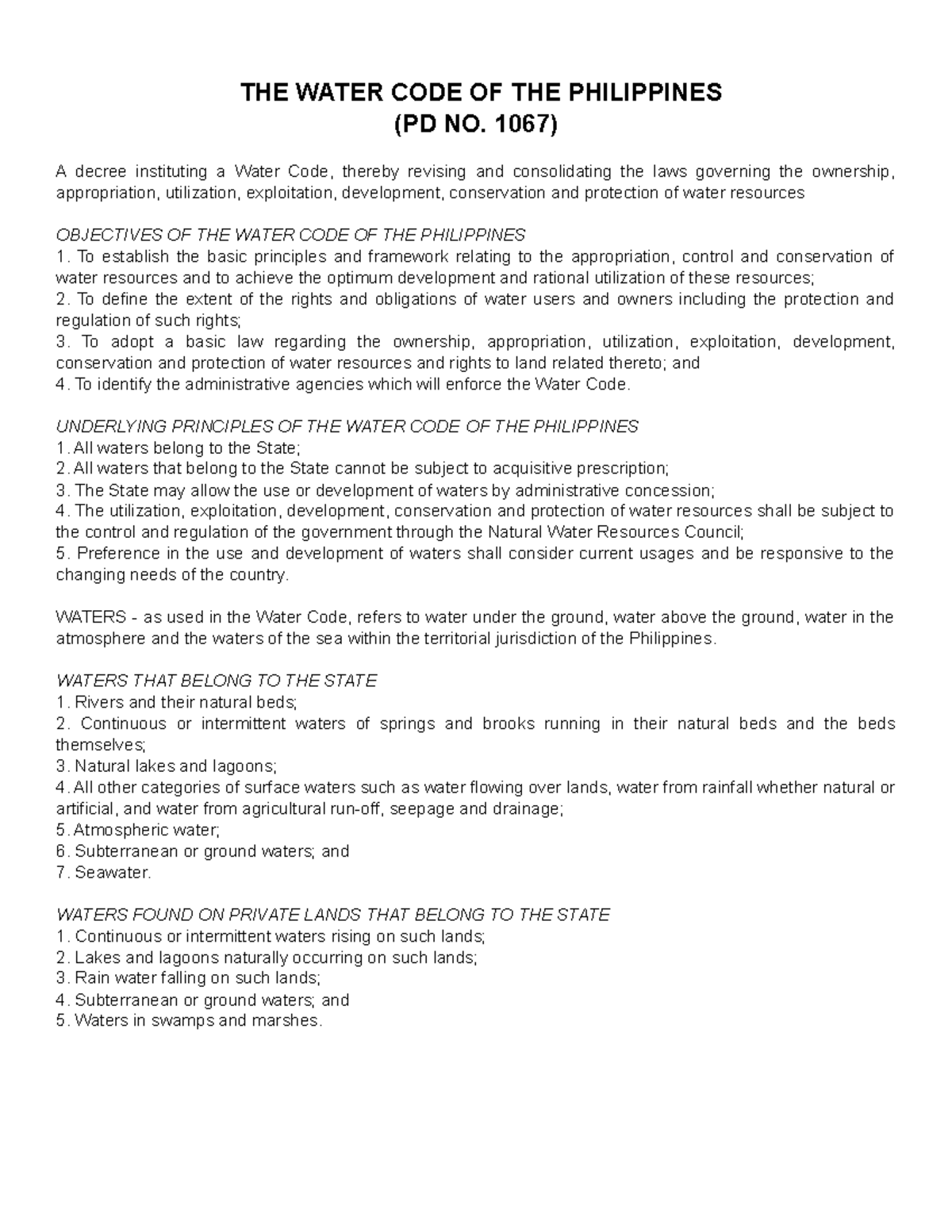 Summary of the Water Code of the Philippines (PD No. 1067) - Studocu