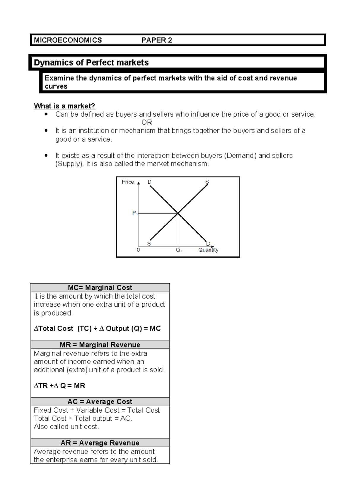 MICROECONOMICS PAPER 2: Dynamics of Perfect Markets & Cost Curves - Studocu