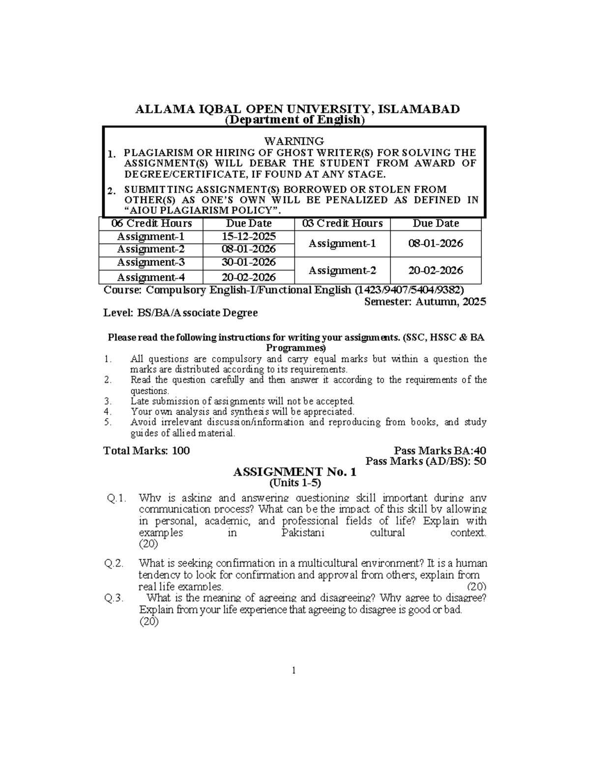 Compulsory English Assignments (ENG-101) - Autumn 2025 Guidelines - Studocu