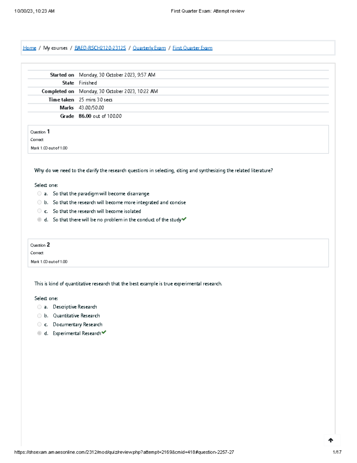RSCH2120 First Quarter Exam Attempt 1 Results and Questions - Studocu