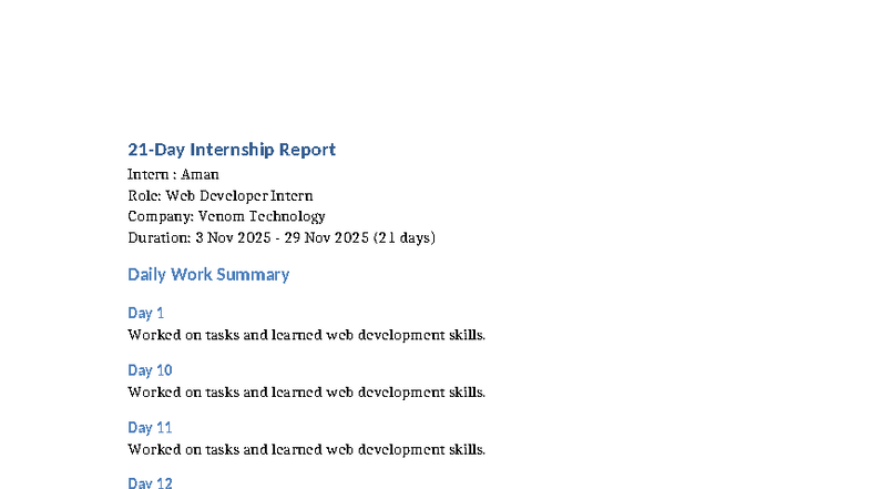 Internship Report: Web Developer Intern at Venom Tech (Nov 2025) - Studocu