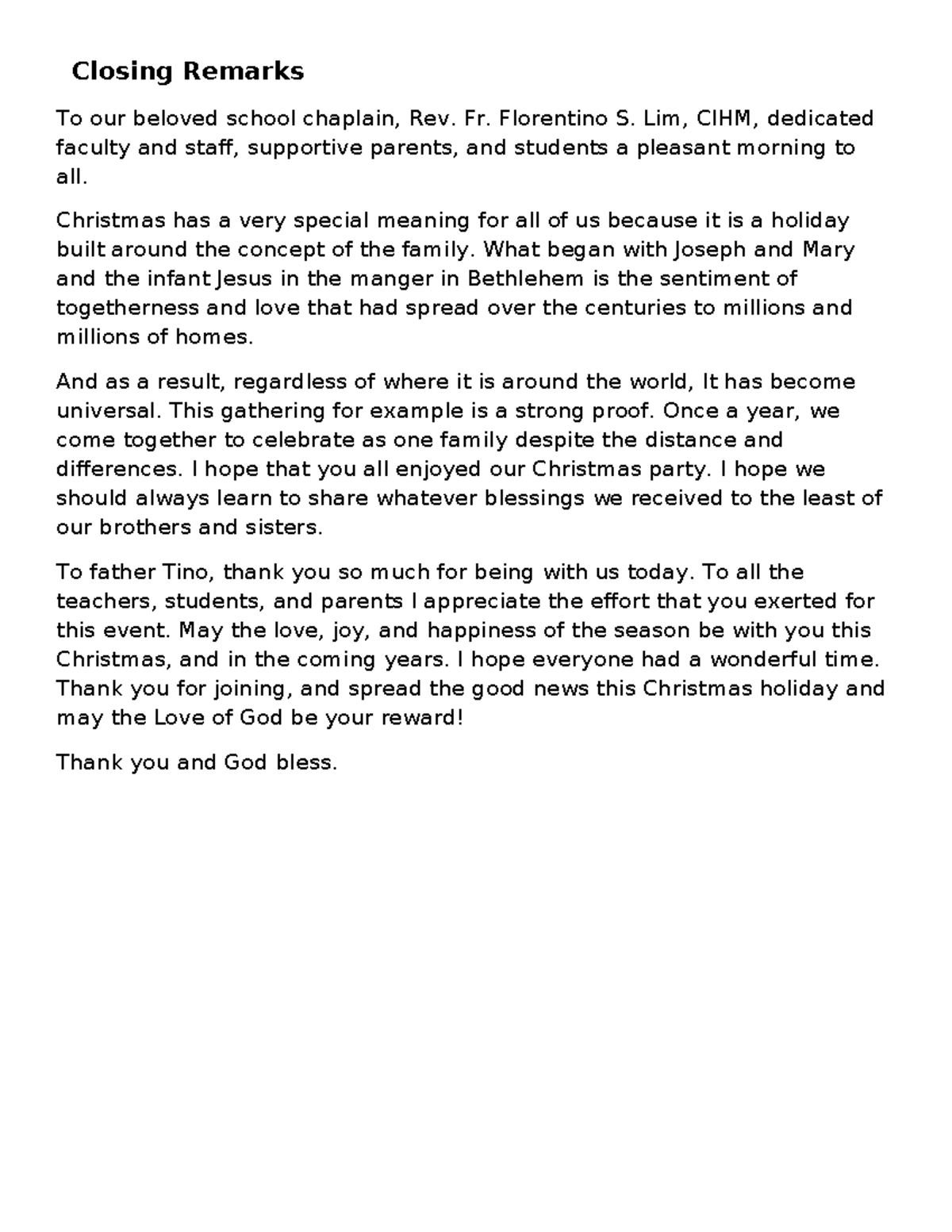 Closing Remarks for Christmas Party Program - CIHM 2023 - Studocu