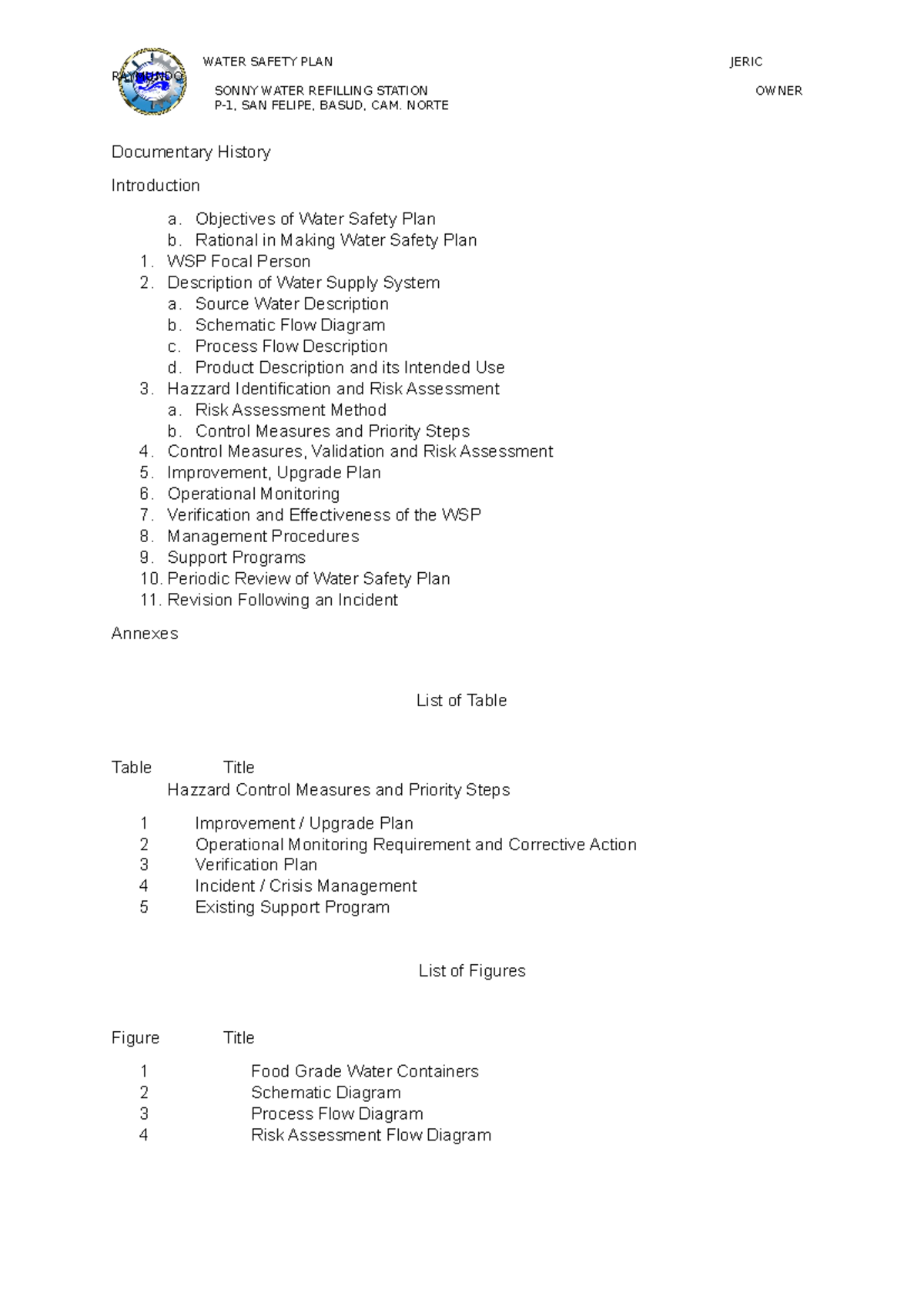 Water Safety Plan (WSP) for Sonny Water Refilling Station - Studocu