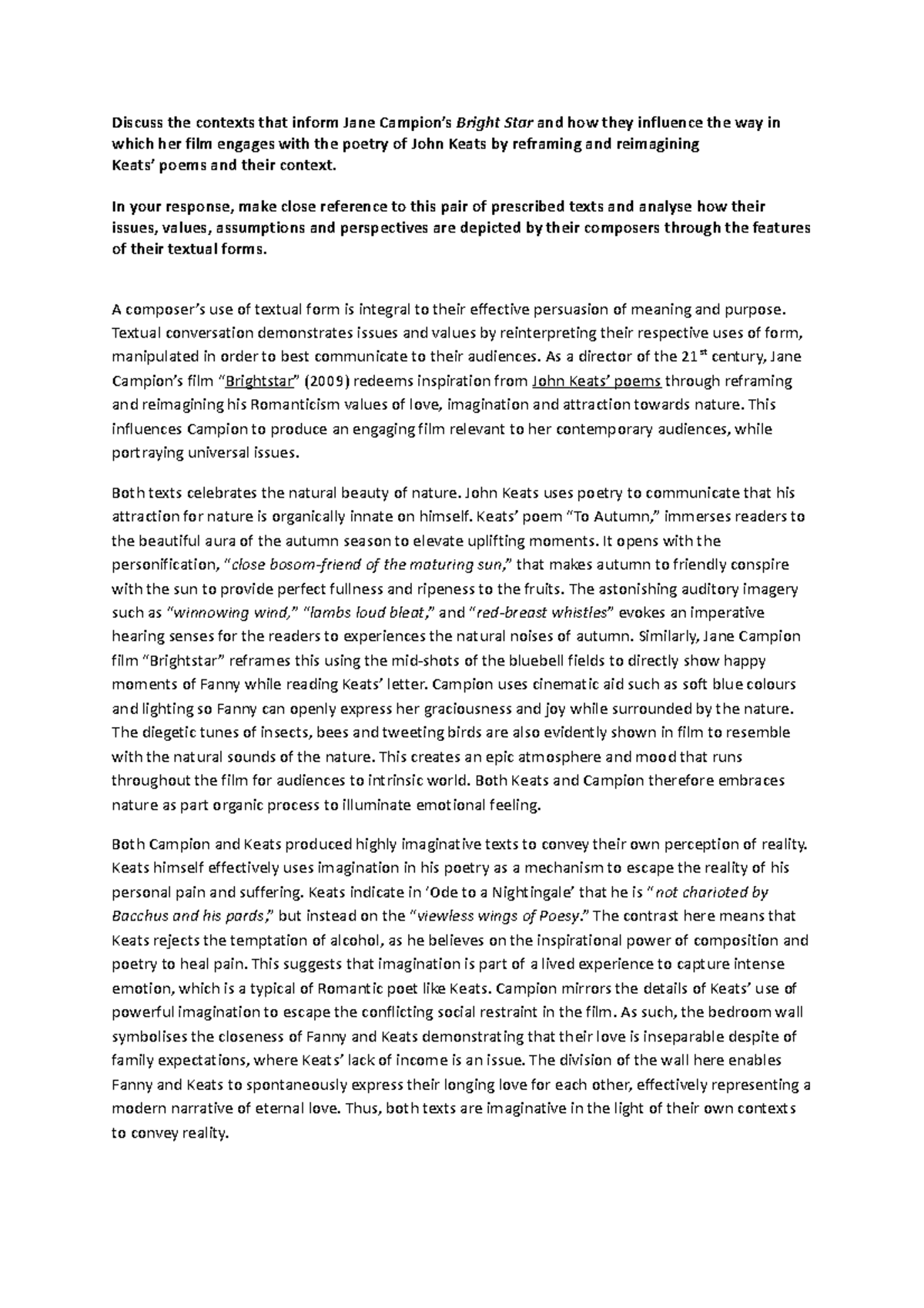Analyzing Jane Campion's Bright Star: Contexts & Keats' Poetry - Studocu